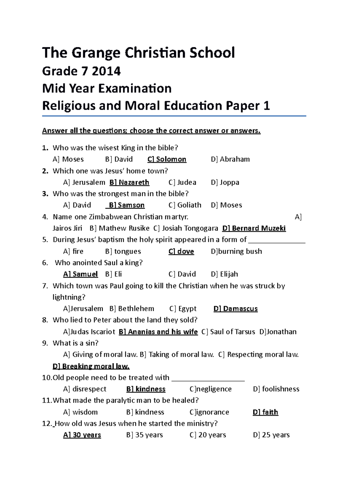 Gr7 rme mid yr exam pp1 2014 answers - The Grange Christian School ...