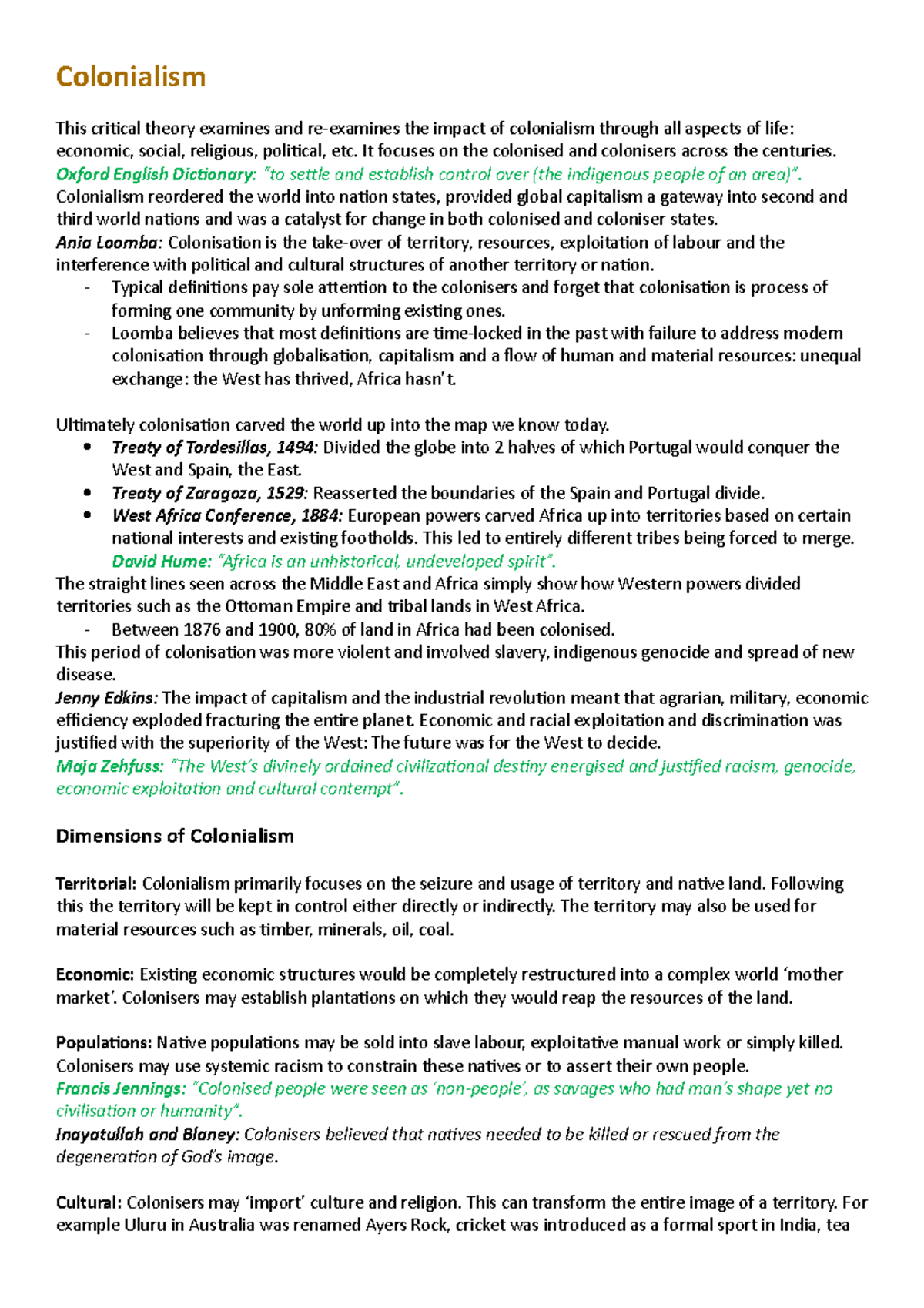 Colonialism - Lecture notes 9 - Colonialism This critical theory ...