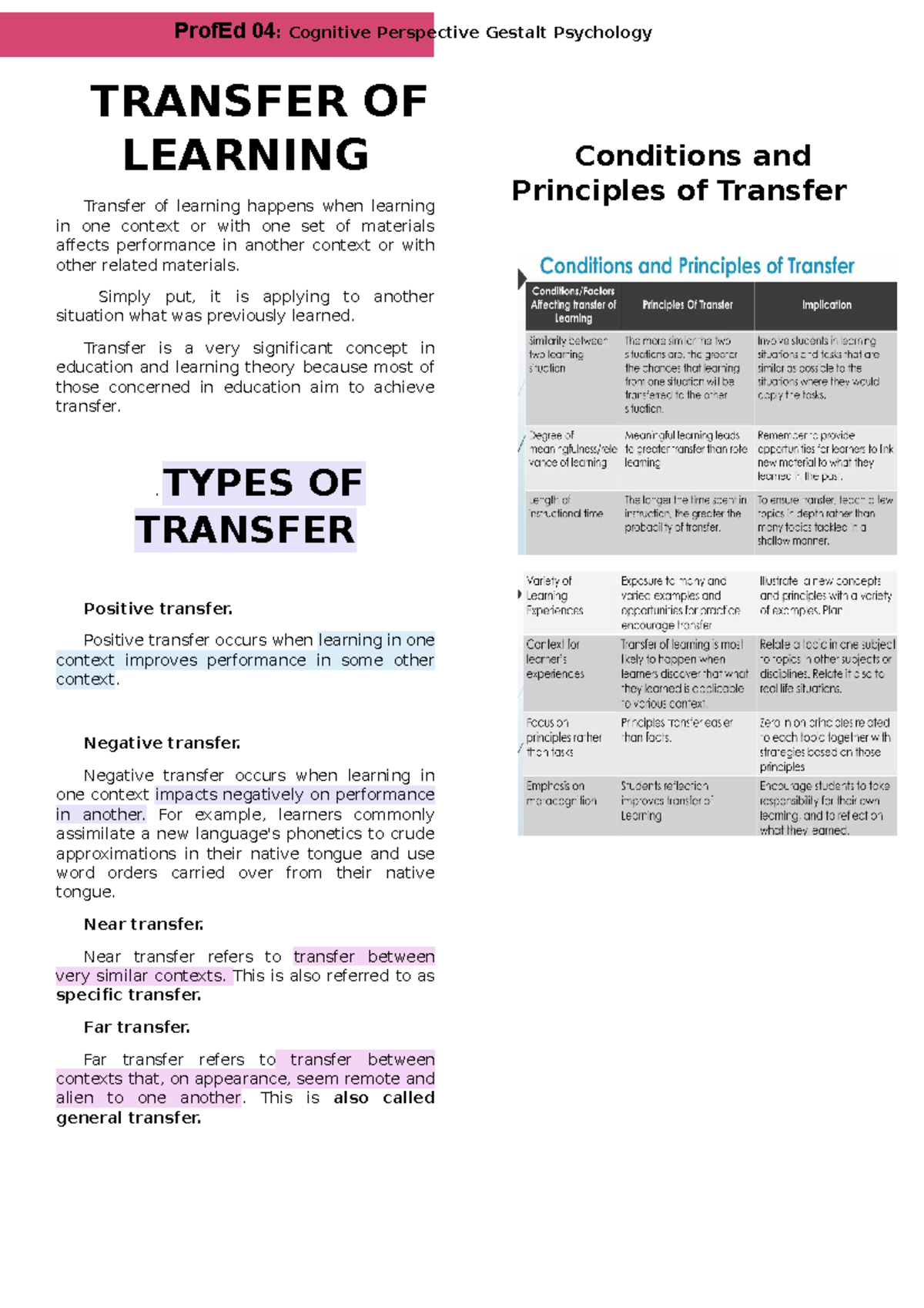Transfer Learning - TRANSFER OF LEARNING Transfer of learning happens ...