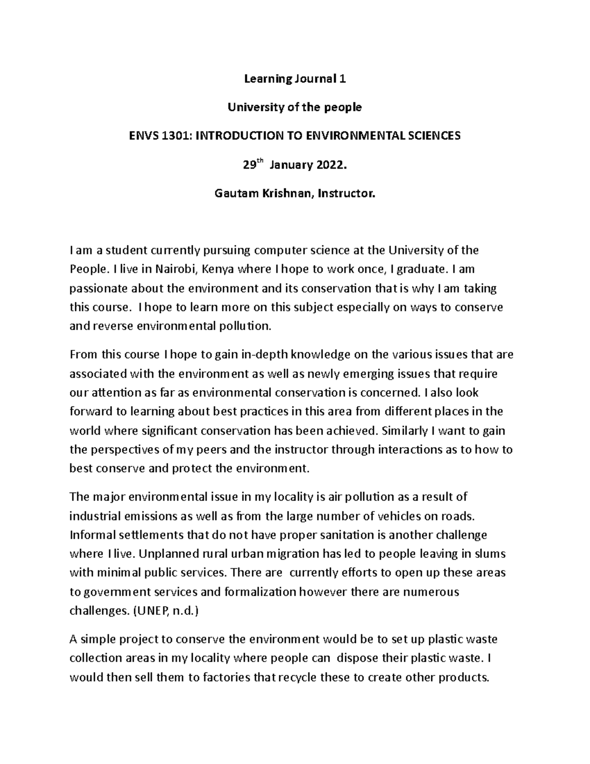 Learning journal 1 - Learning Journal 1 University of the people ENVS ...