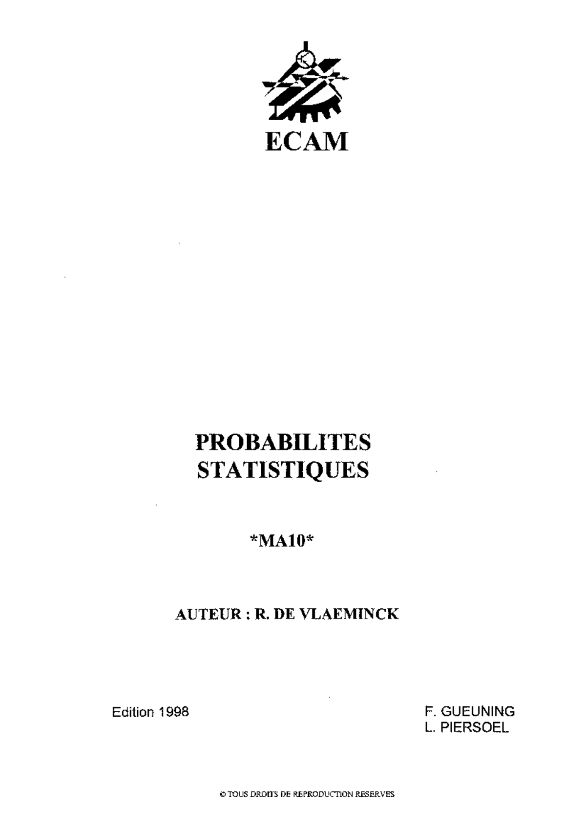 Probabilités Et Statistiques Syllabus Ecam 1998 Probabilités Et