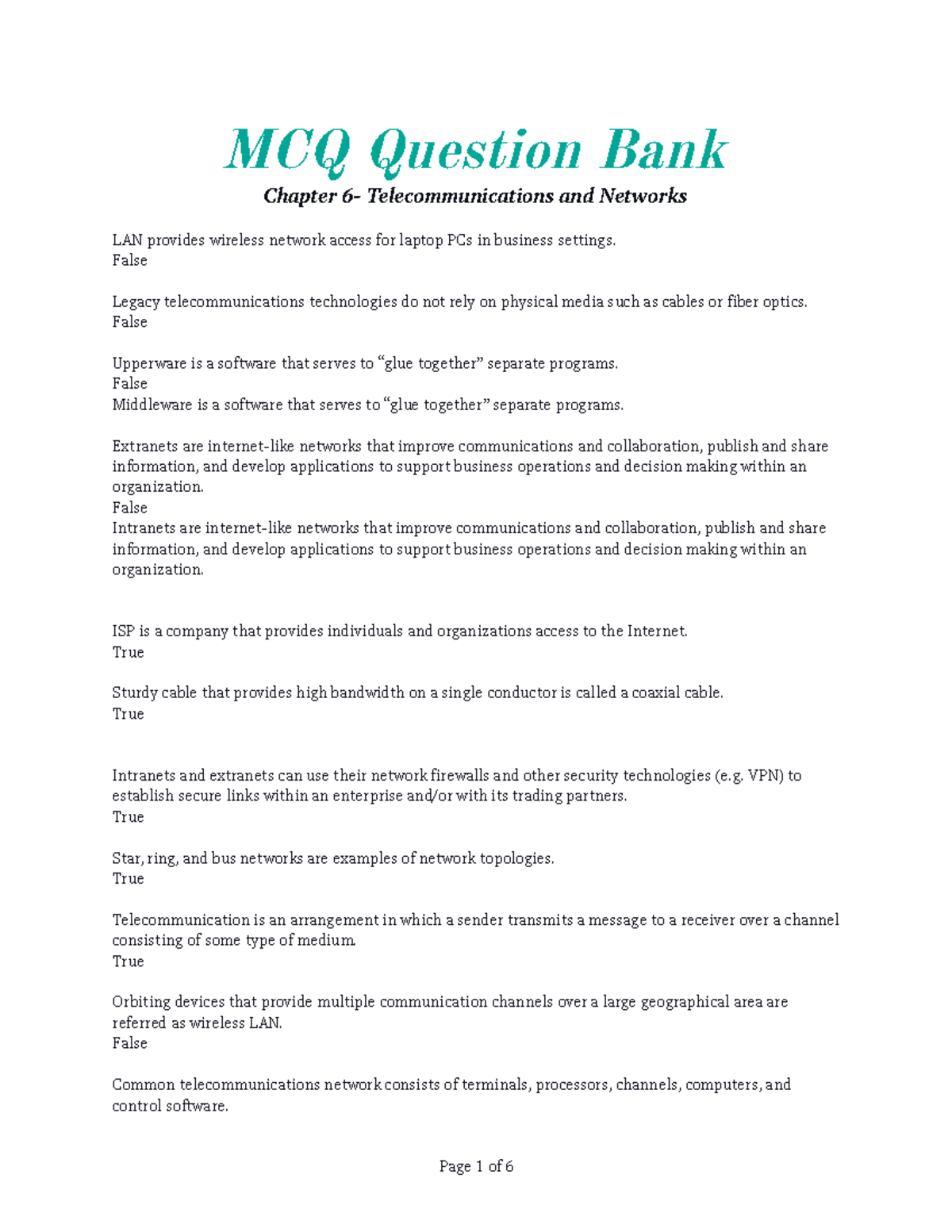 C6- Telecommunications and Networks - MCQ Question Bank Chapter 6 ...