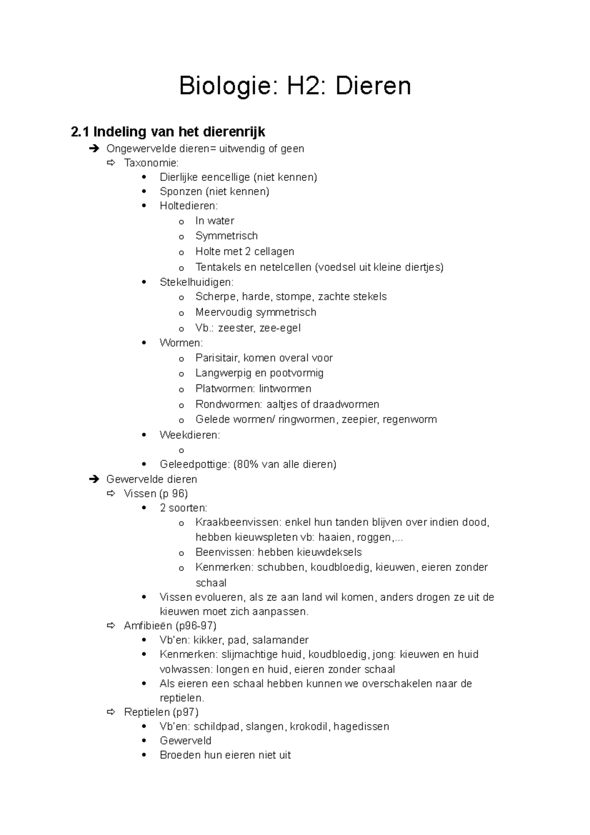 Biologie H2 dieren - Biologie: H2: Dieren 2 Indeling van het dierenrijk ...