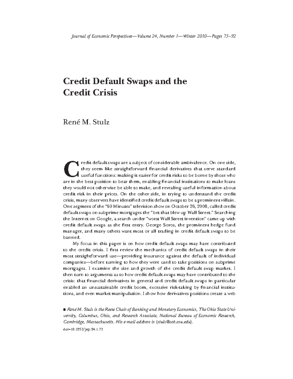 2 - Stulz, Rene - 2010 - Credit Default Swaps and the Credit Crisis ...