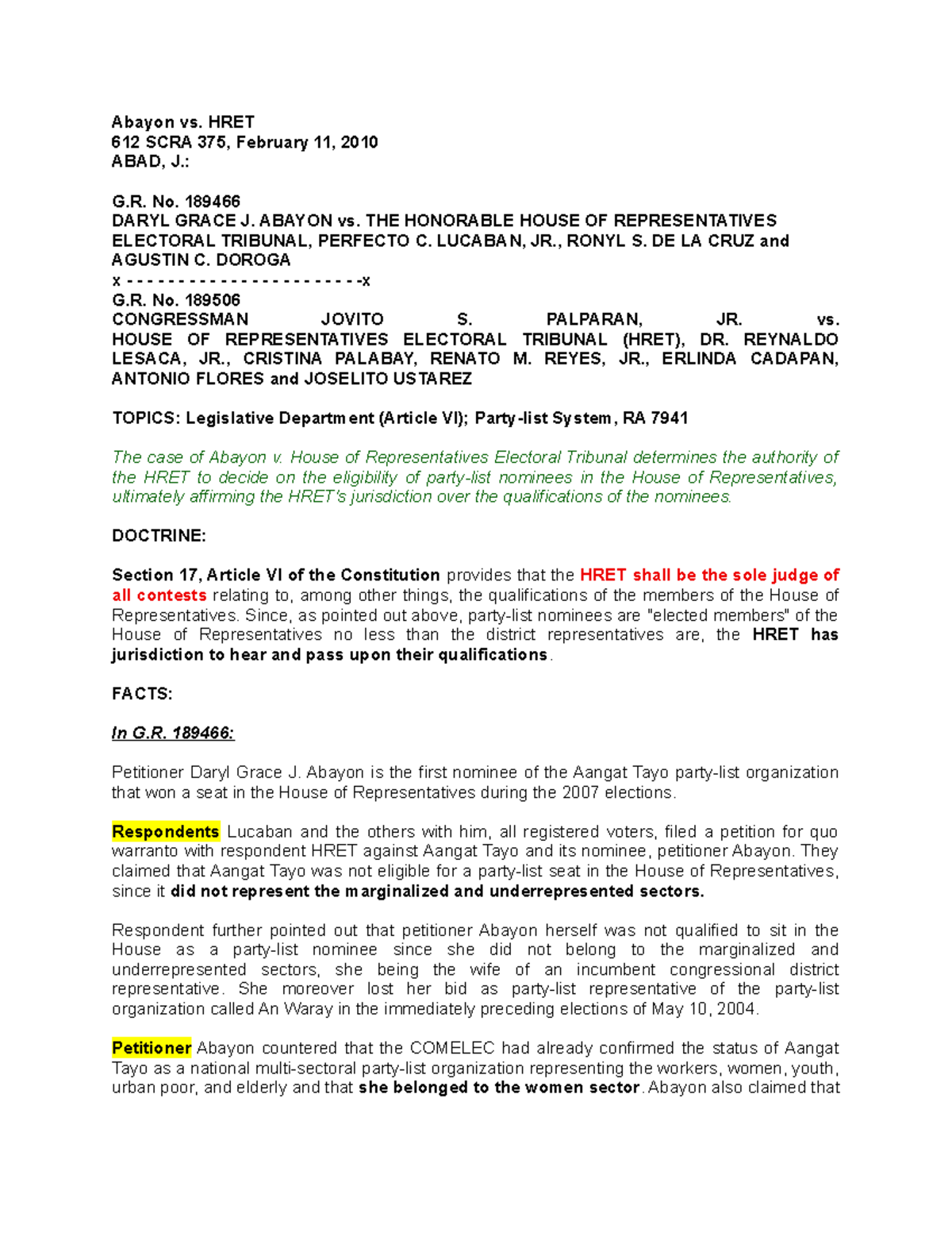 125. Abayon v HRET, 612 SCRA 375 (2010 ) - Abayon vs. HRET 612 SCRA 375, February 11, 2010 ABAD ...
