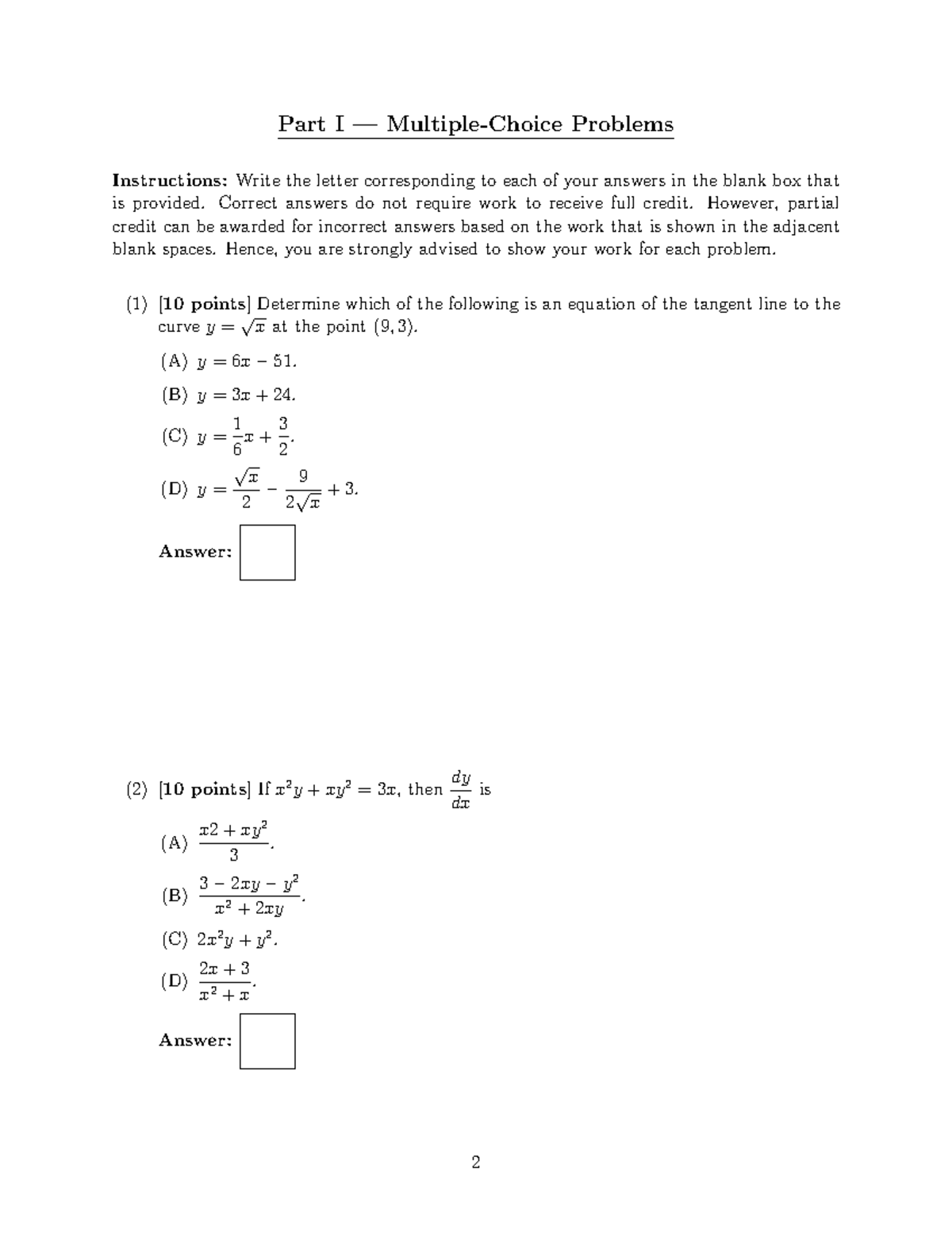 Math test - Calculus Exam - Part I — Multiple-Choice Problems ...