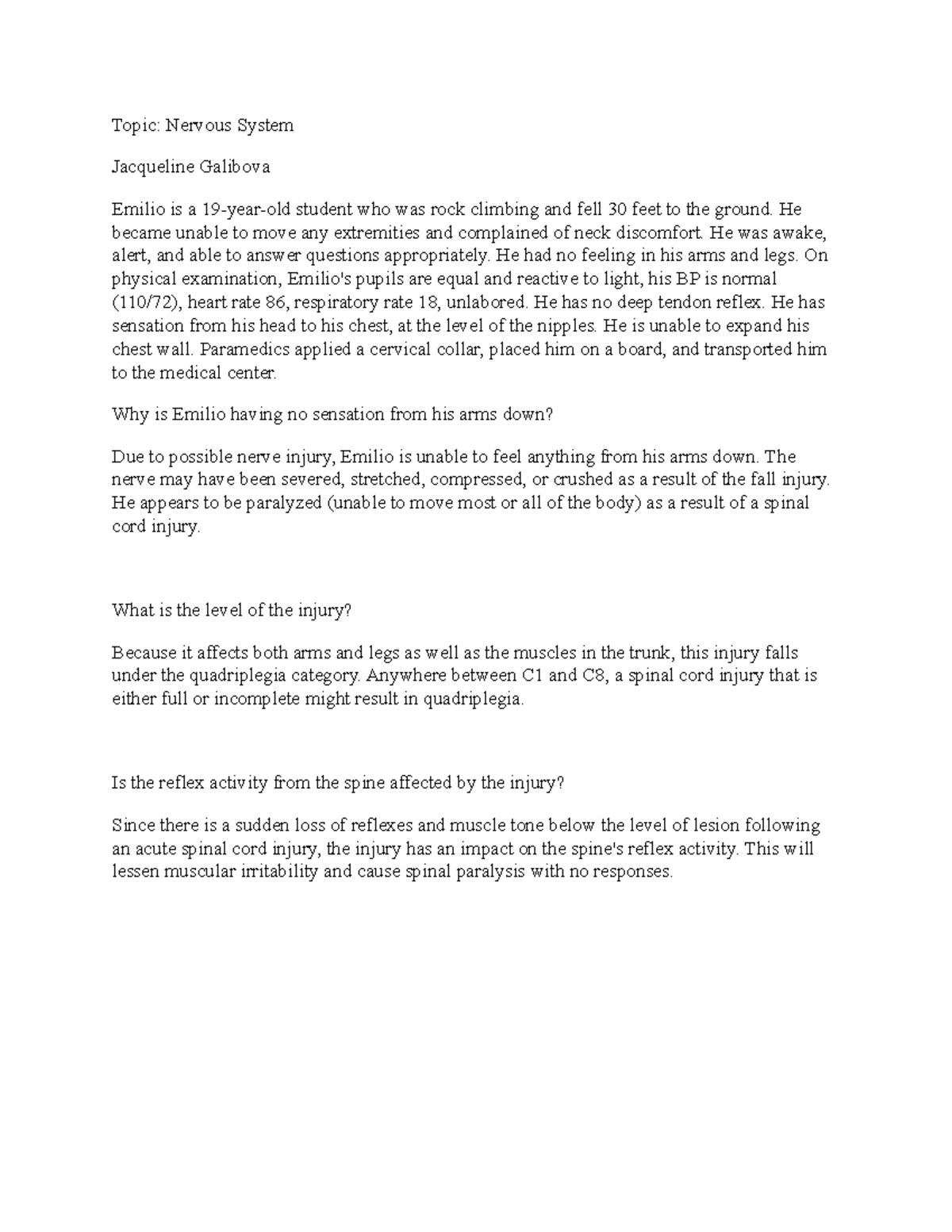 Nervous sys case study - Topic: Nervous System Jacqueline Galibova ...