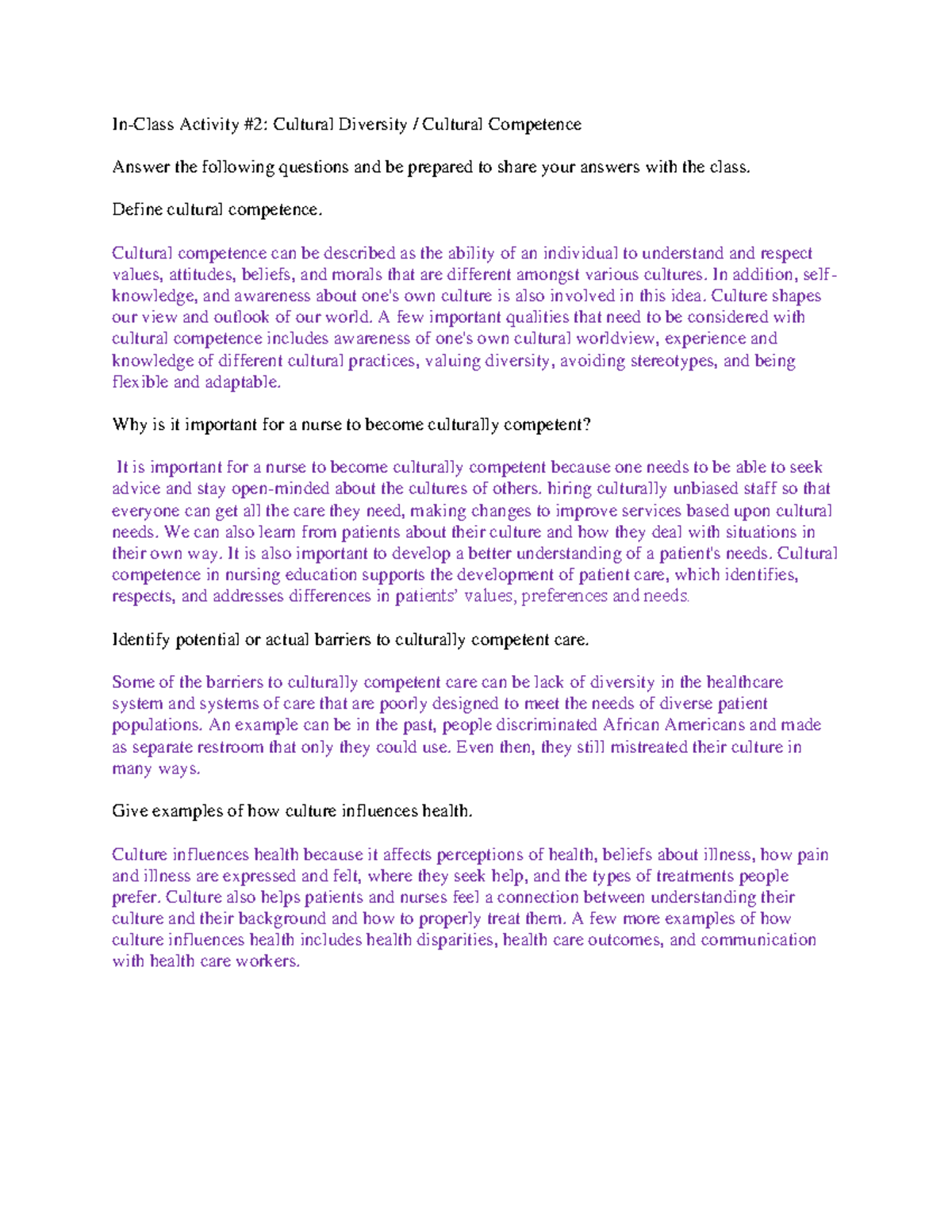 Activity #2 - In-Class Activity #2: Cultural Diversity / Cultural ...