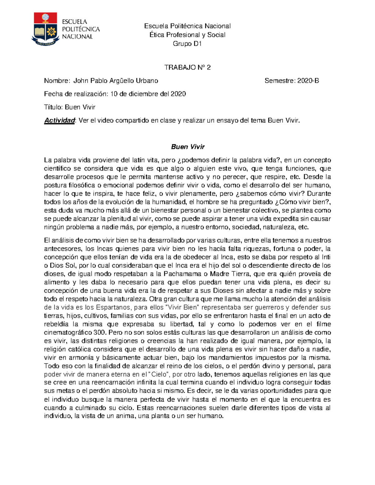 Arguello JOHN Deber 2 - Apuntes 1 - Ética Profesional y Social Grupo D ...