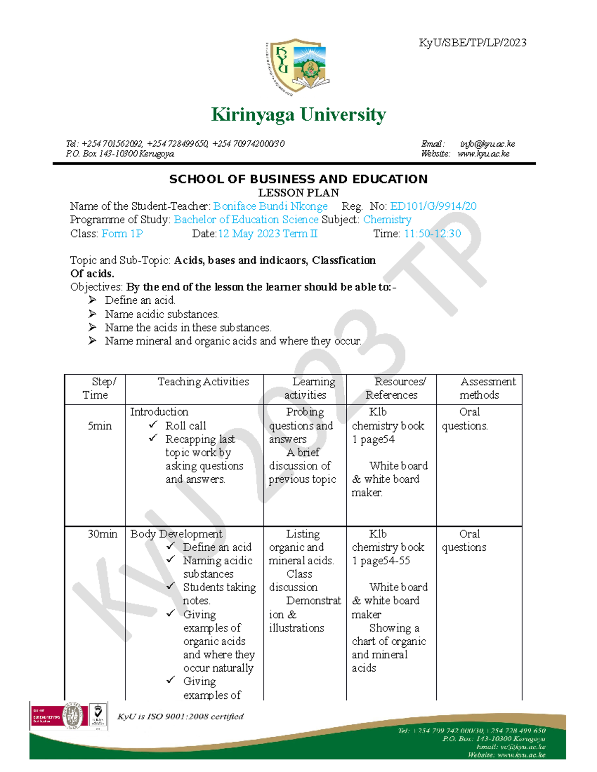 Lesson PLAN CHEM Sample - KyU/SBE/TP/LP/ Kirinyaga University Tel: +254 ...
