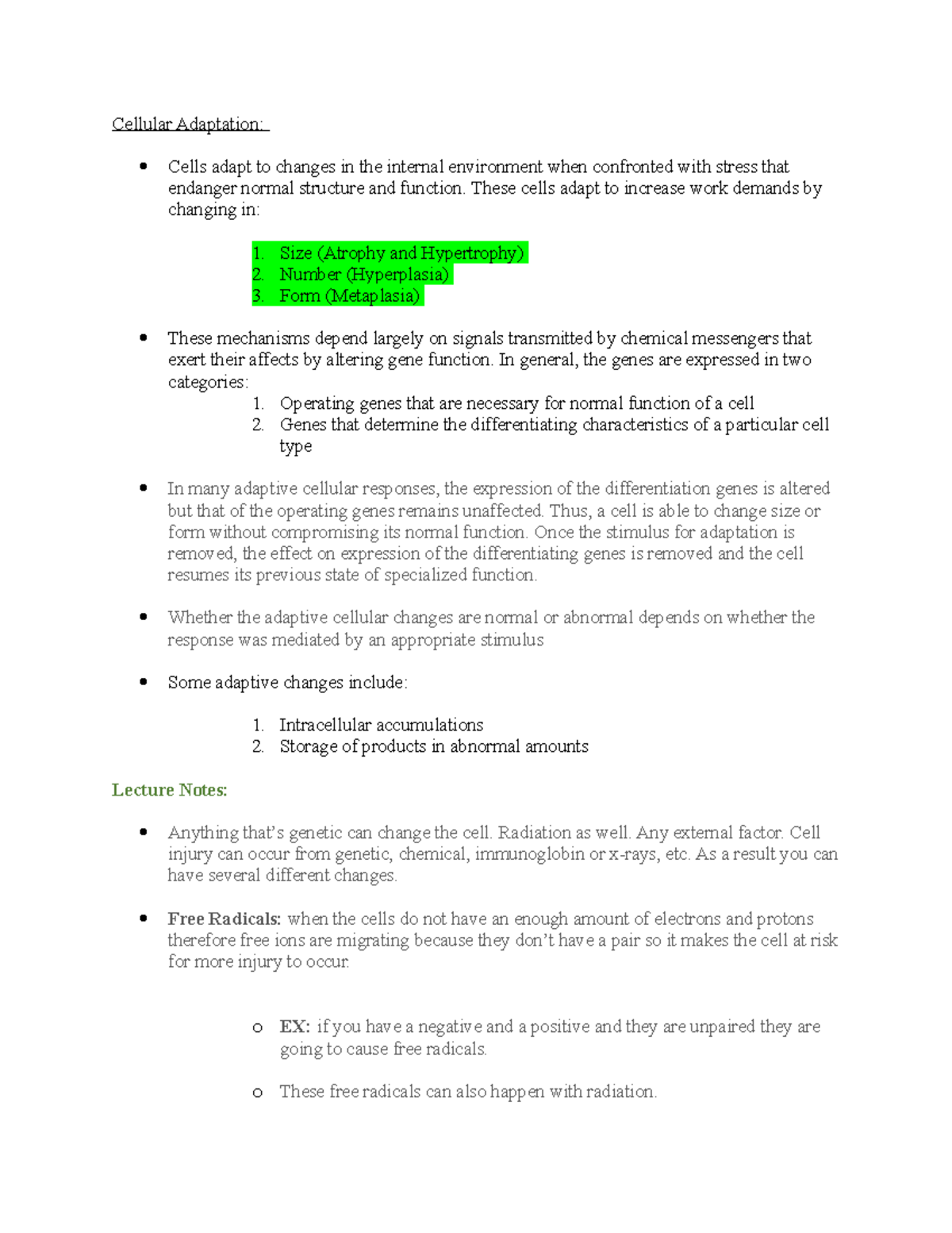 Cellular Adaptation - Lecture notes - Cellular Adaptation: Cells adapt ...