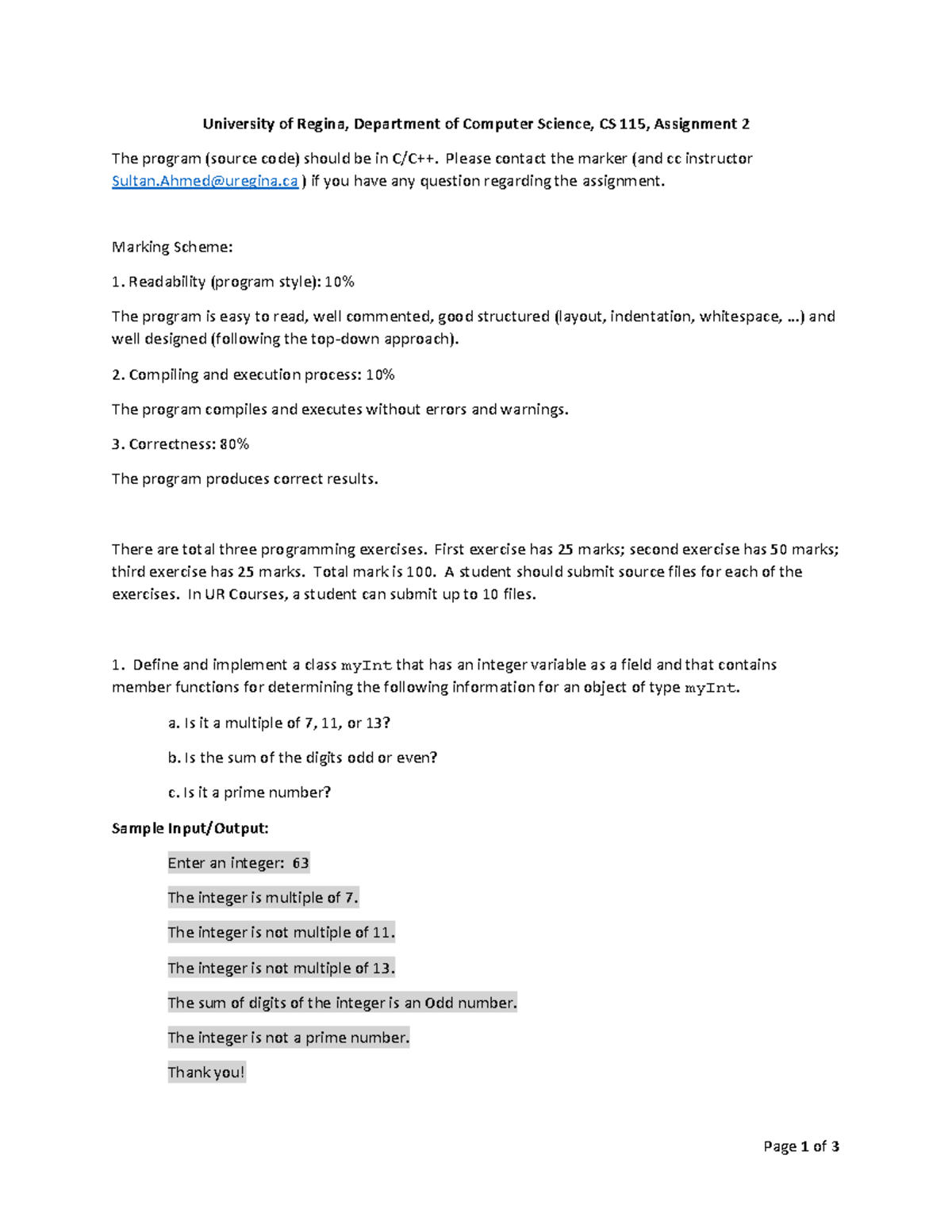 202430 asg2 - hmmmmmm - Page 1 of 3 University of Regina, Department of ...