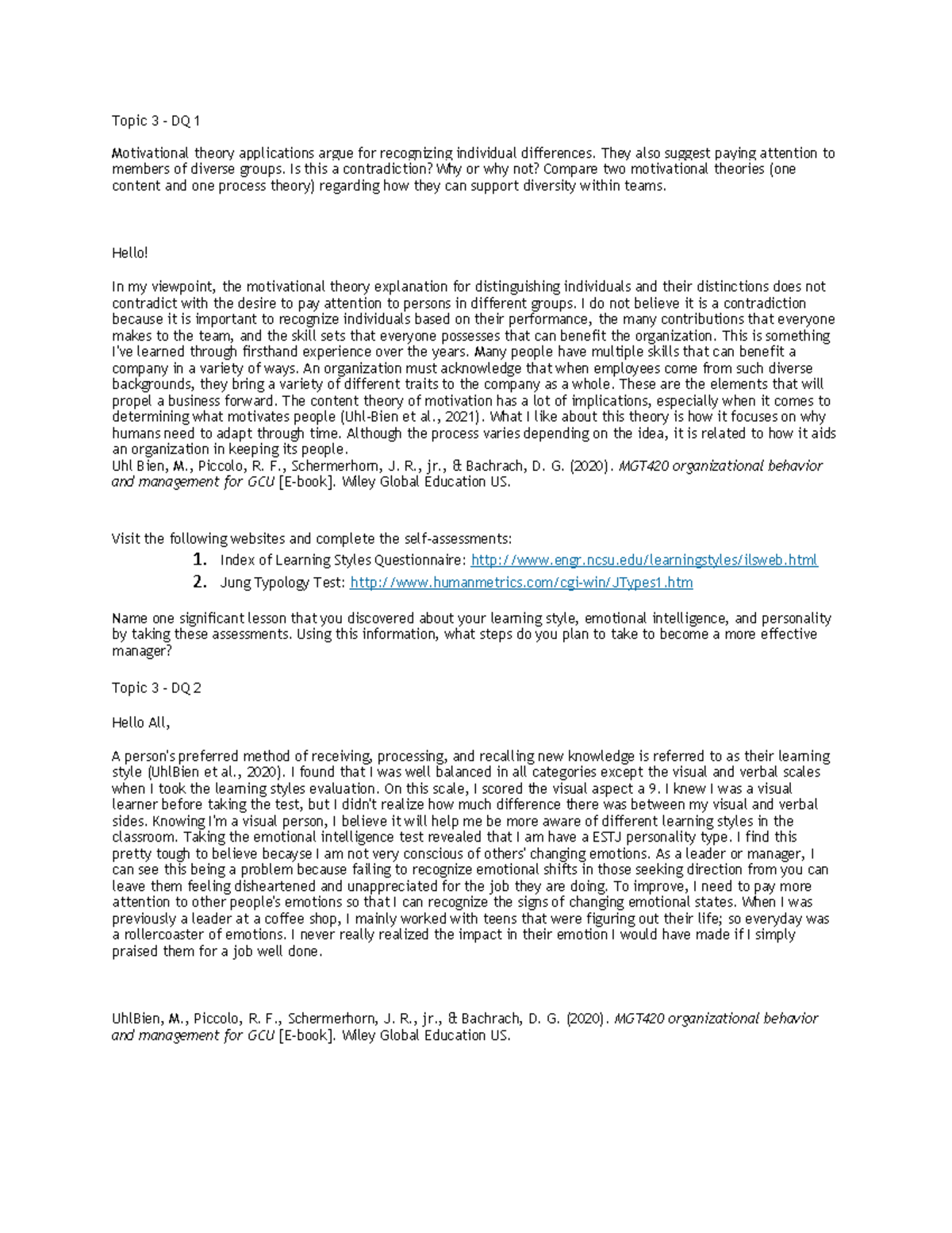 Topic 3 DQ 1 and 2 questions and answer - Topic 3 – DQ 1 Motivational ...