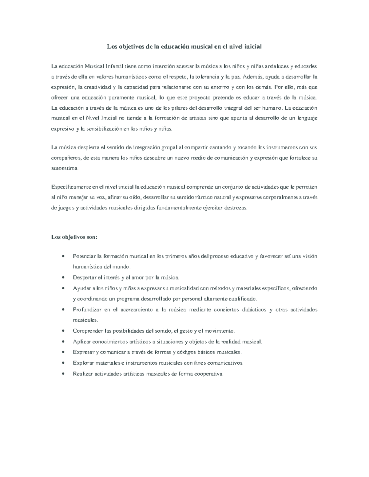 Los objetivos de la educación musical en el nivel inicial - Los ...
