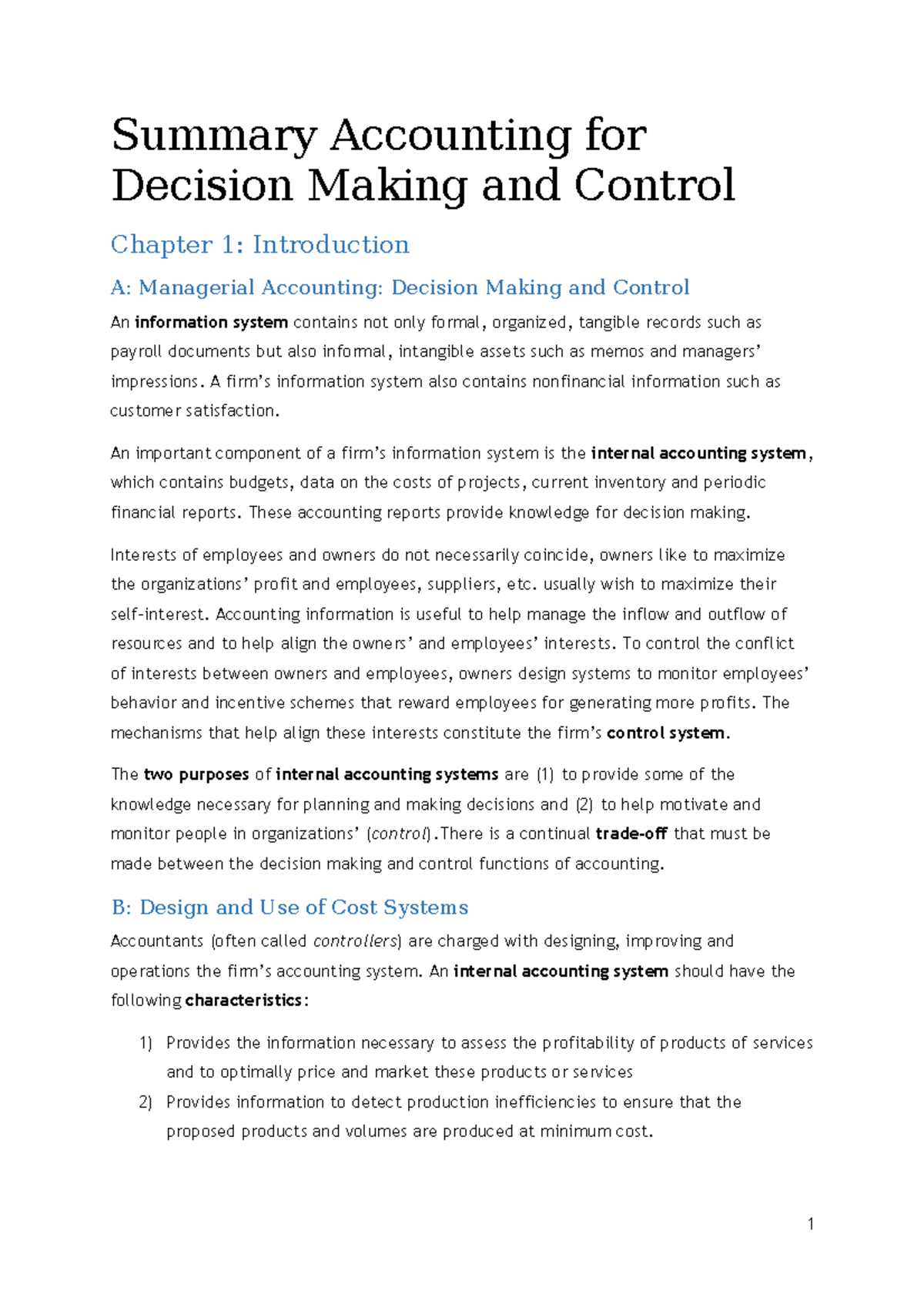 Summary Accounting for Decision Making and Control Chapter 1 - 9 - A ...