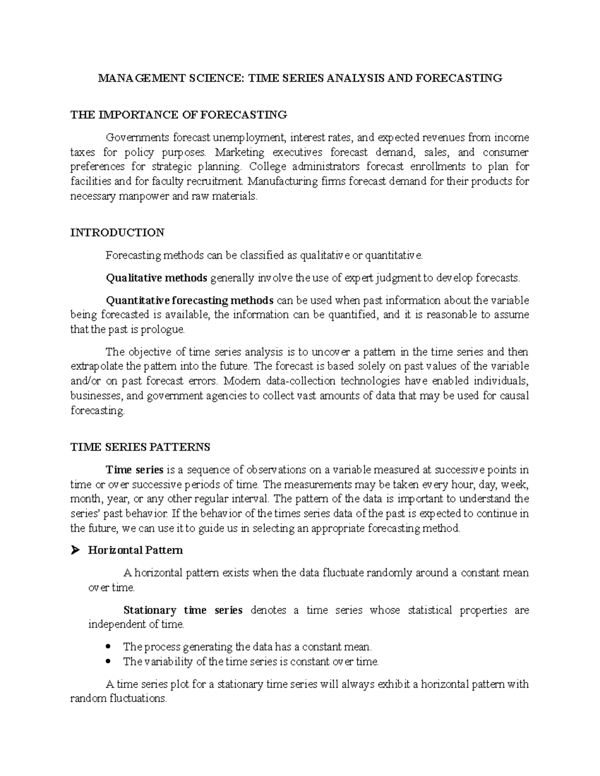 MANSCI Lesson 2: Time Series Analysis and Forecasting - MANAGEMENT ...