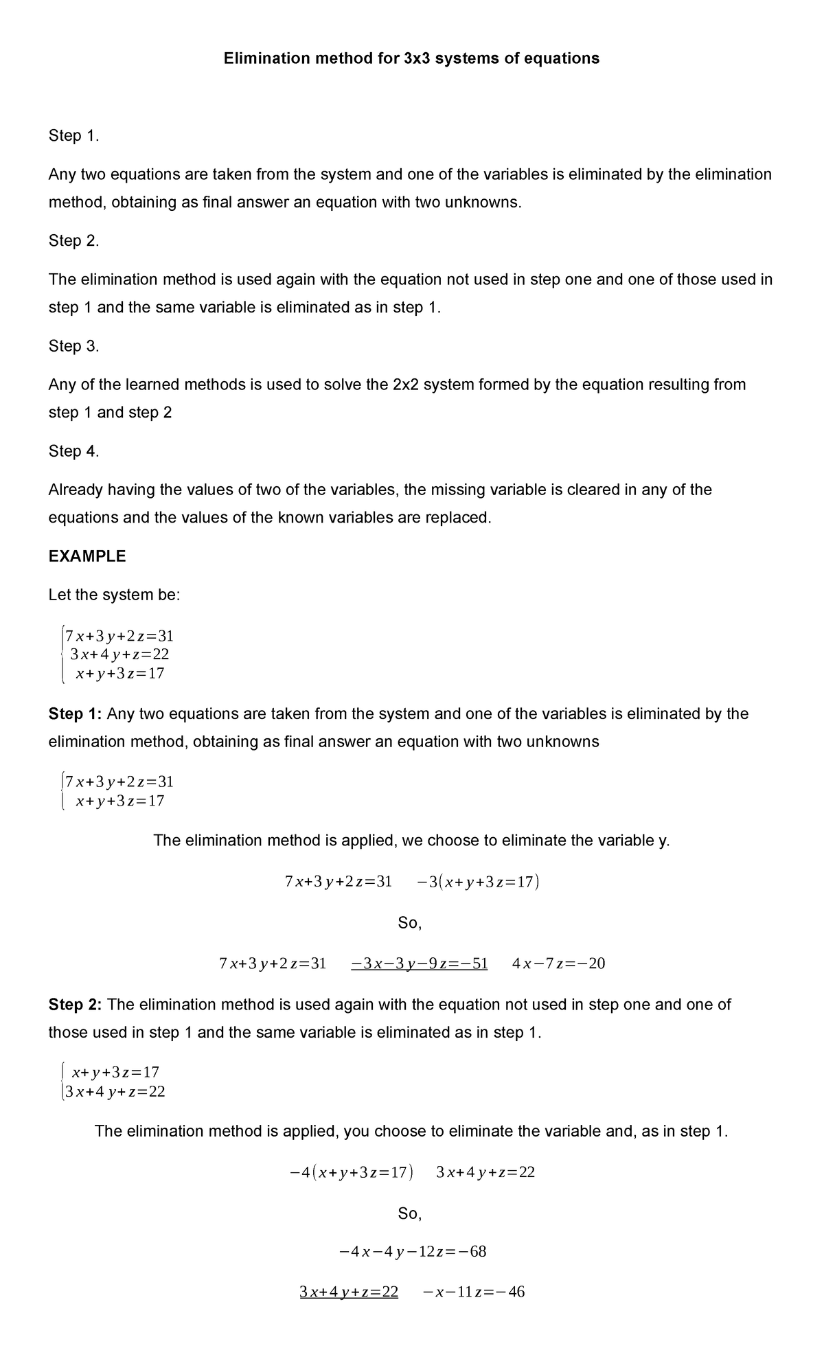 Elimination method for 3x3 systems of equations - Any two equations are ...