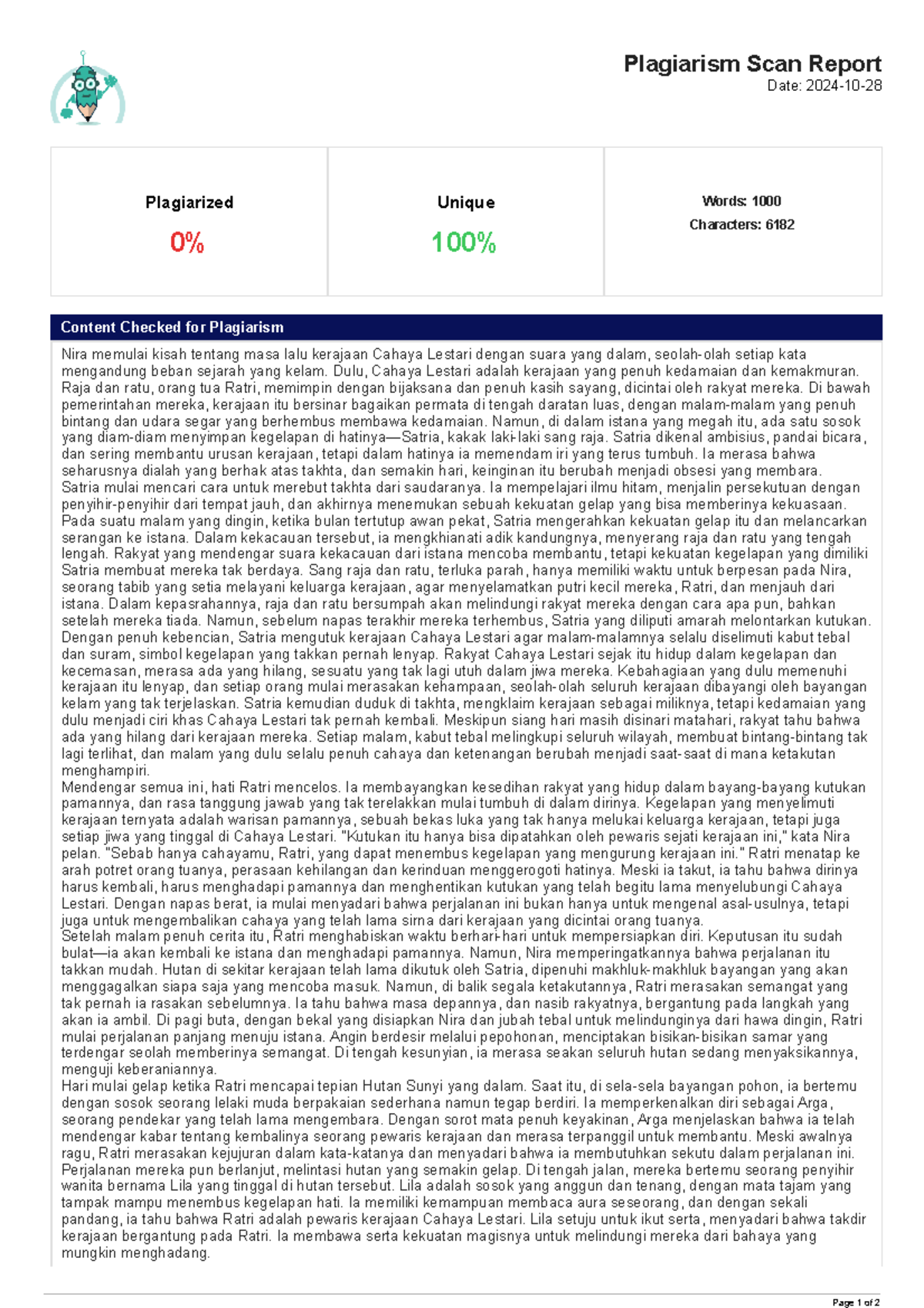 Plagiarism-report - AYU - Plagiarism Scan Report Date: 2024-10- Plagiarized 0% Unique 100% Words ...