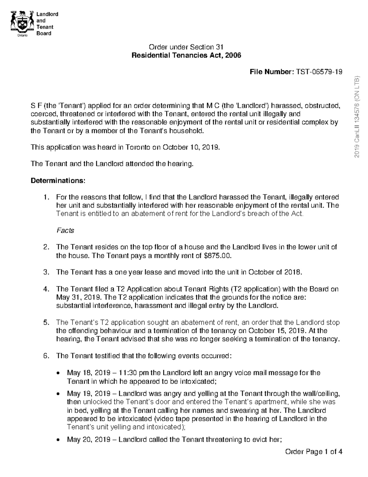 Residential Tenancies Act Ontario - s 22-24 (Case) - Order under ...
