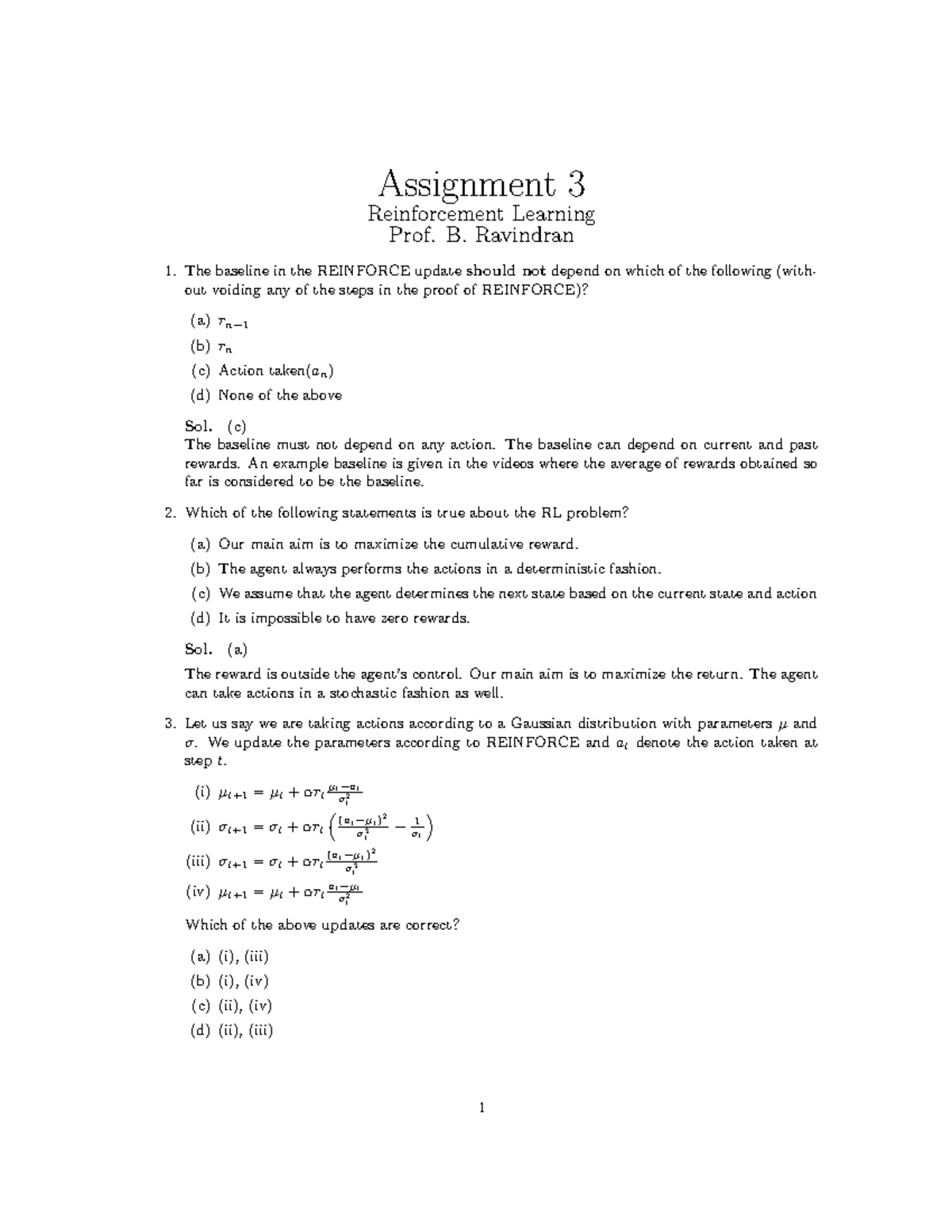 A3-Solution of Assignment-3 - Assignment 3 Reinforcement Learning Prof. B. Ravindran The ...
