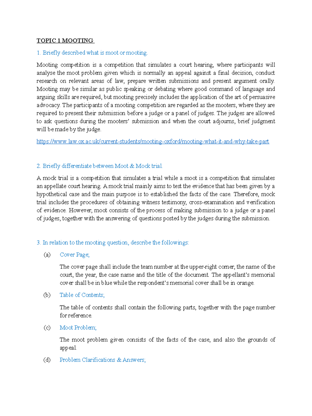 Chapter 1 Mooting - TOPIC 1 MOOTING Briefly described what is moot or ...