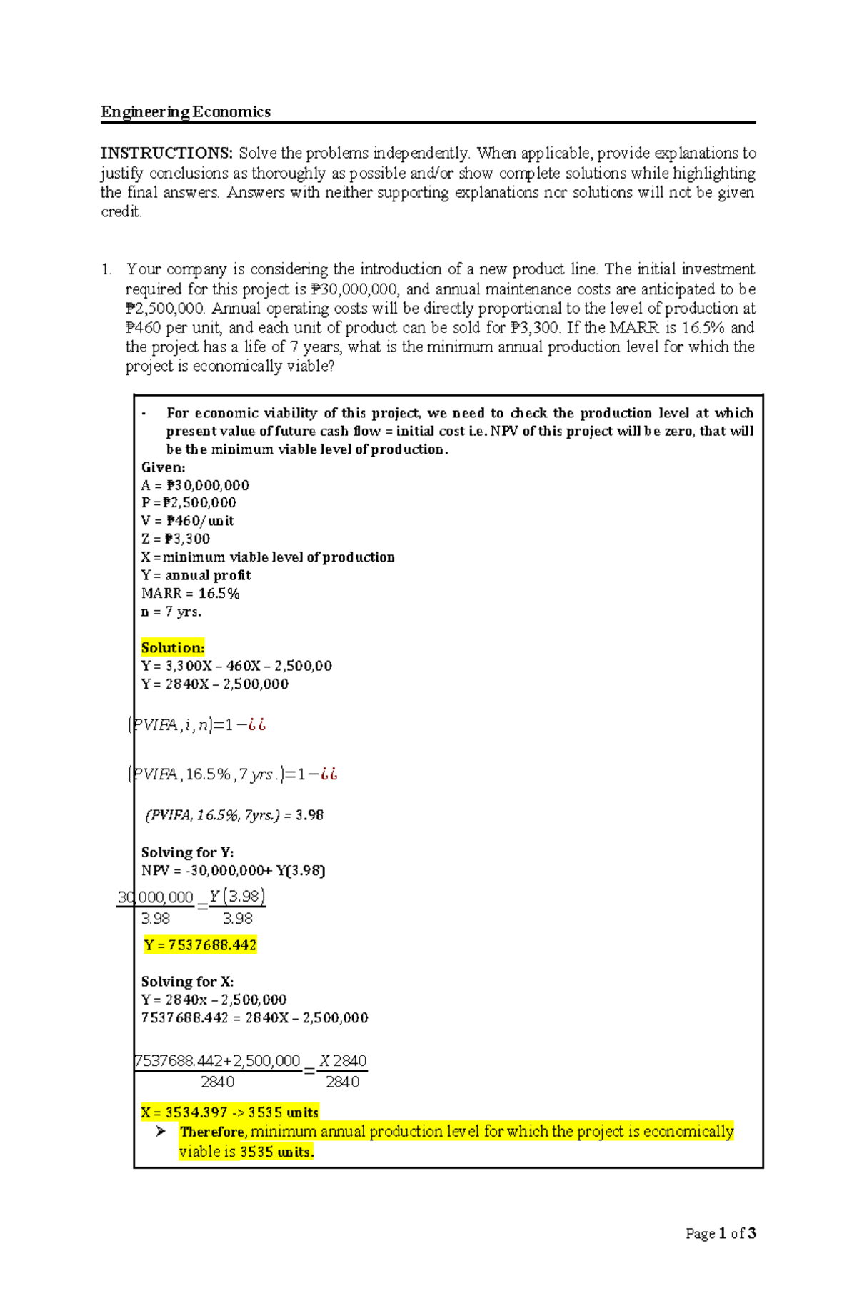 Pdfcoffee - no copyright pls - Engineering Economics INSTRUCTIONS: Solve the problems ...
