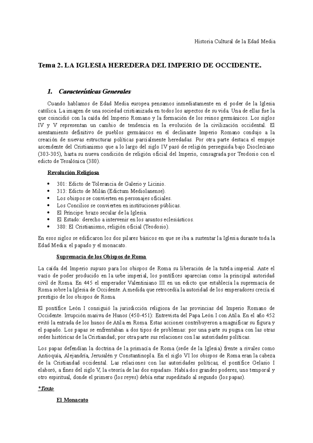 Tema 2 - Tema 2 - Historia Cultural de la Edad Media Tema 2. LA IGLESIA ...
