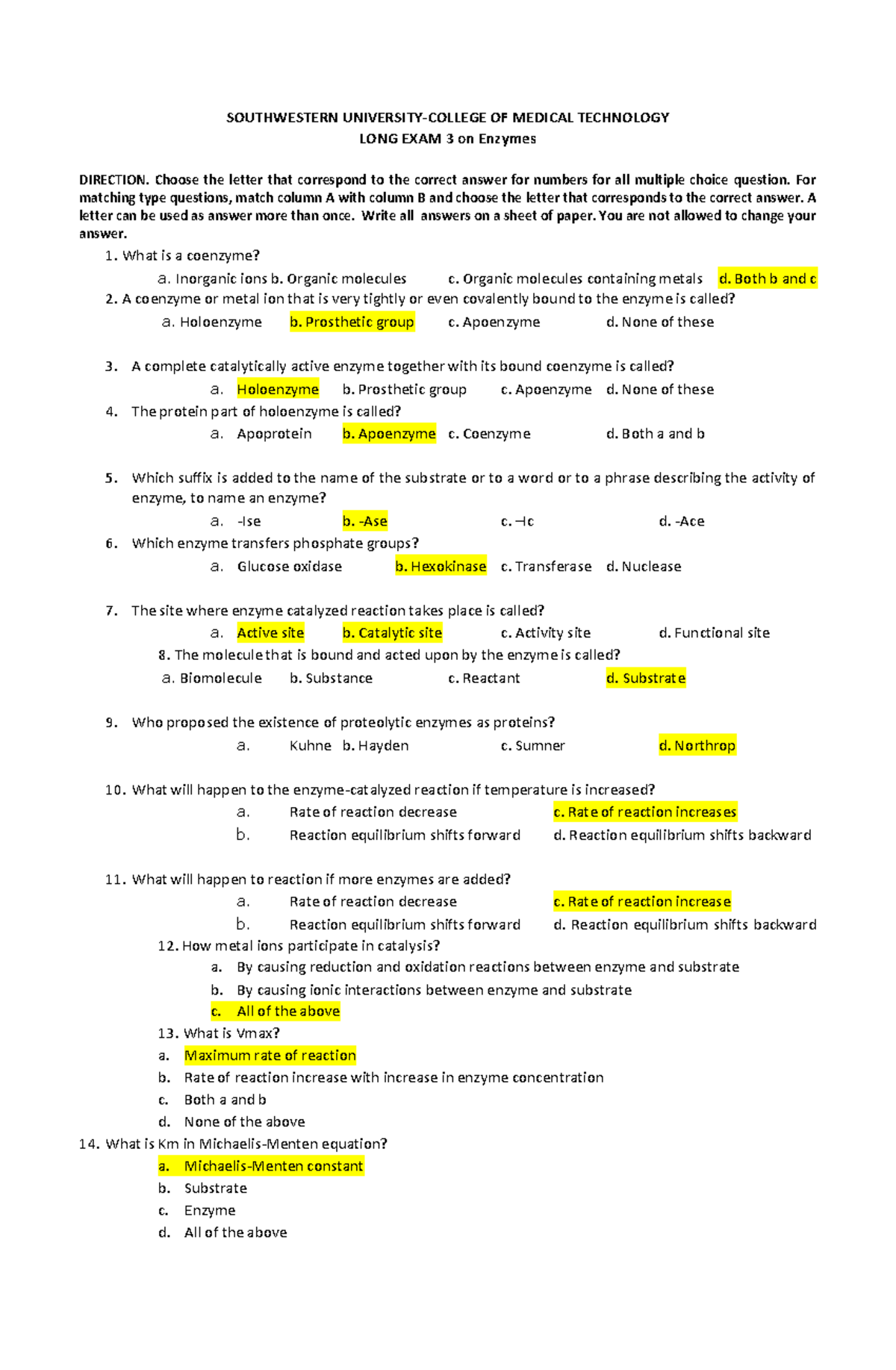 MLS 045 LONG EXAM 3 on Enzymes 2020 W Answers - SOUTHWESTERN UNIVERSITY ...