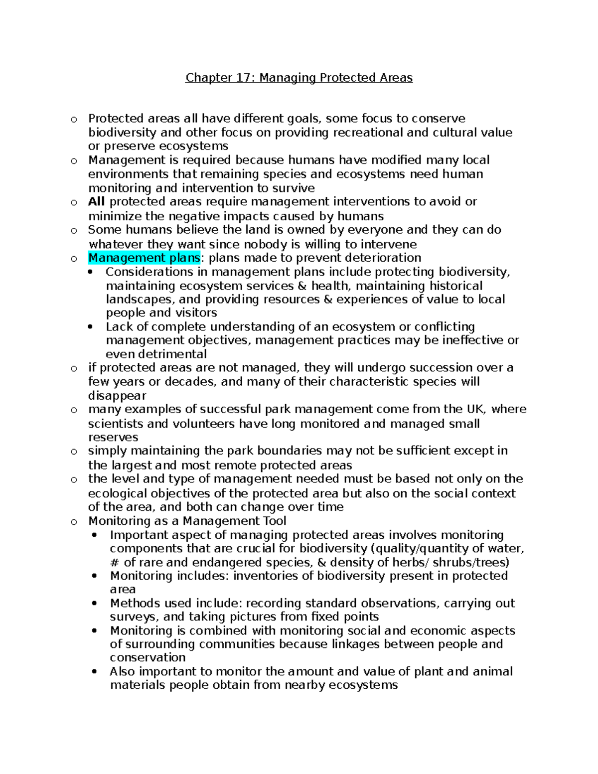 Chapter 17 Notes - Chapter 17: Managing Protected Areas o Protected ...