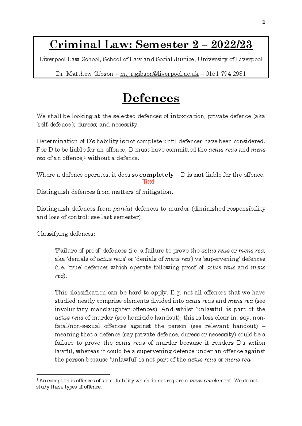Defences handout - Criminal Law: Semester 2 – 2022/ Liverpool Law ...