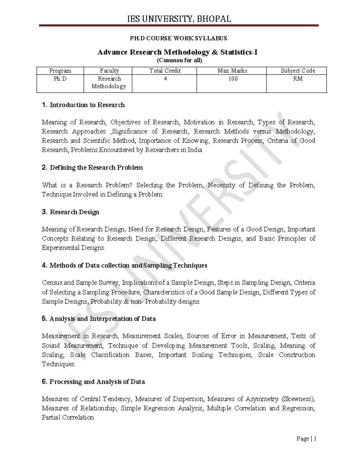 Ies sullebus - IES UNIVERSITY IES UNIVERSITY, BHOPAL Page | 1 PH COURSE ...