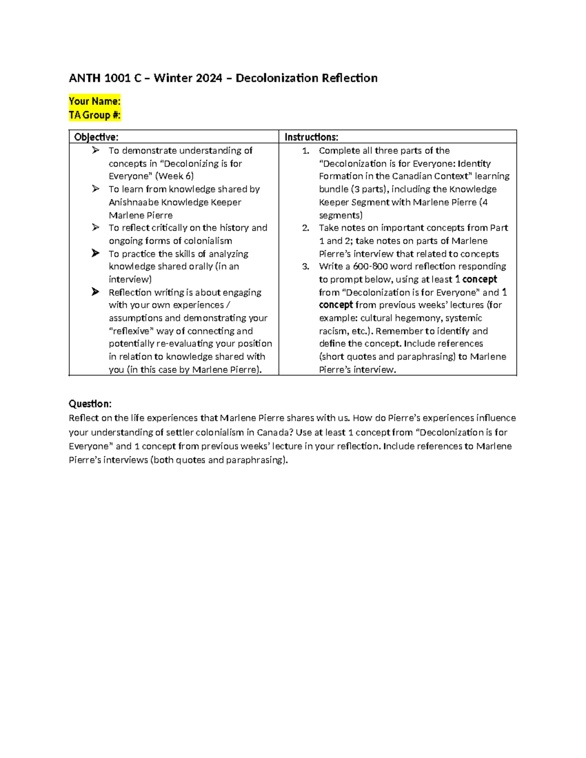 ANTH 1001 C - Winter 2024 Assignment 2 - Decolonization Reflection ...