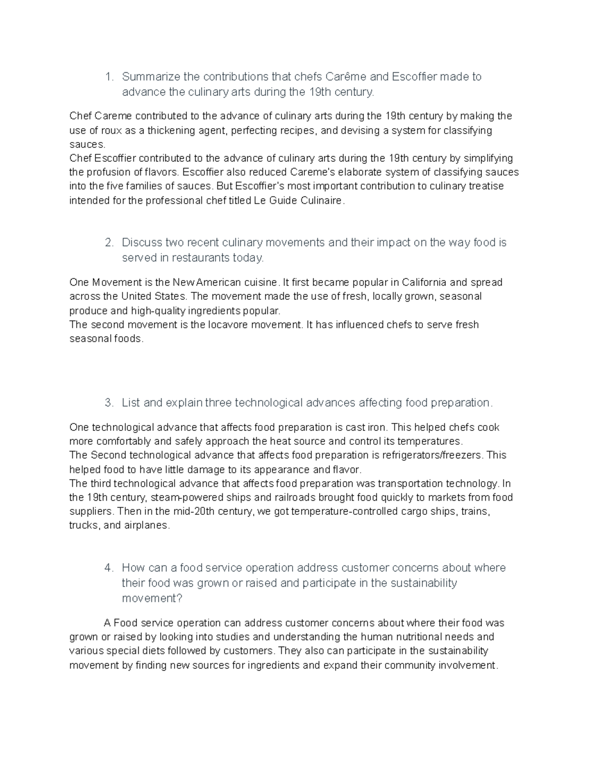 Reading Assignment Chapter 1 Professionalism - 1. Summarize the contributions that chefs Carême ...