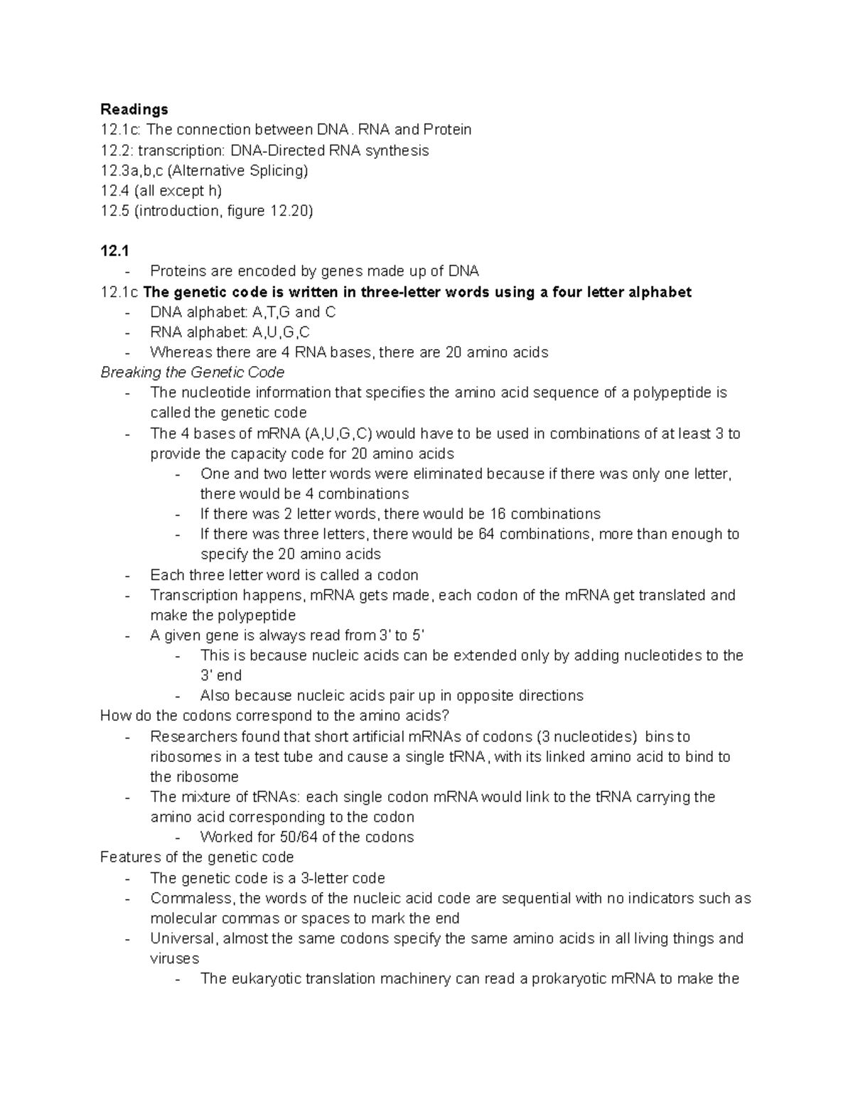 Cycle 7 - Lecture notes - Readings 12: The connection between DNA. RNA ...