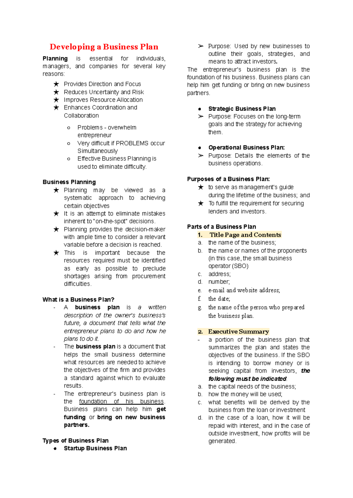 Entrep - HFFJHVHFUYTU - Developing a Business Plan Planning is ...