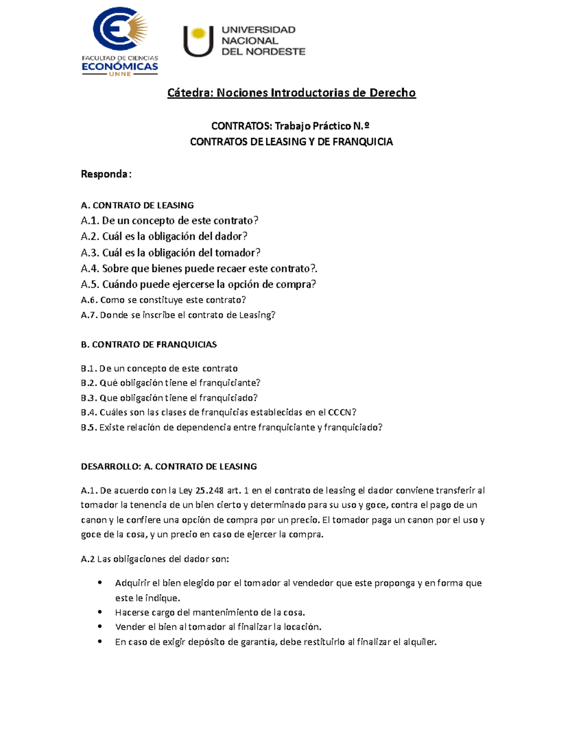 TP Leasing y Franquicias - Cátedra: Nociones Introductorias de Derecho ...