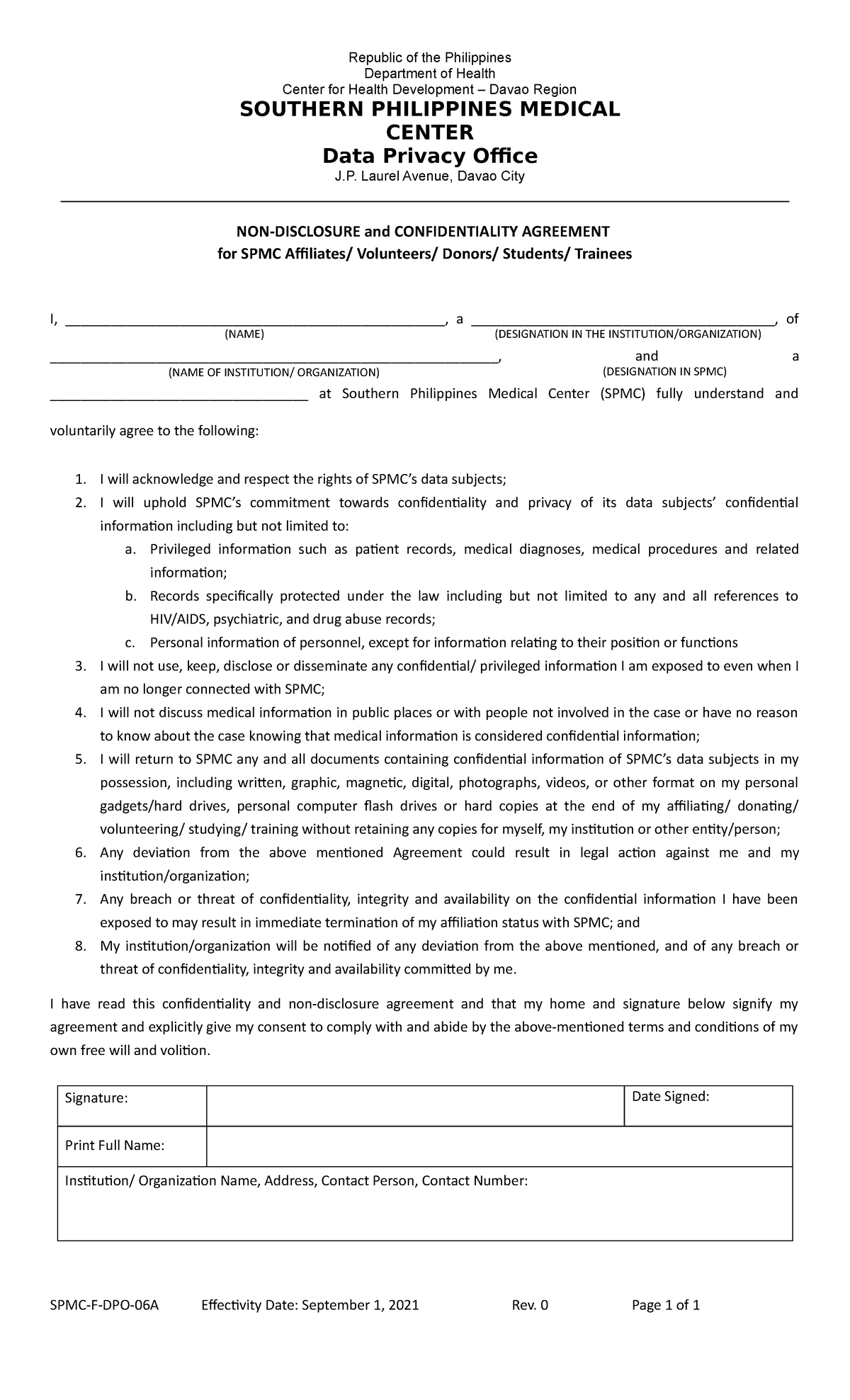 NDAConfidentiality Trainees Doctors Students - Republic of the ...