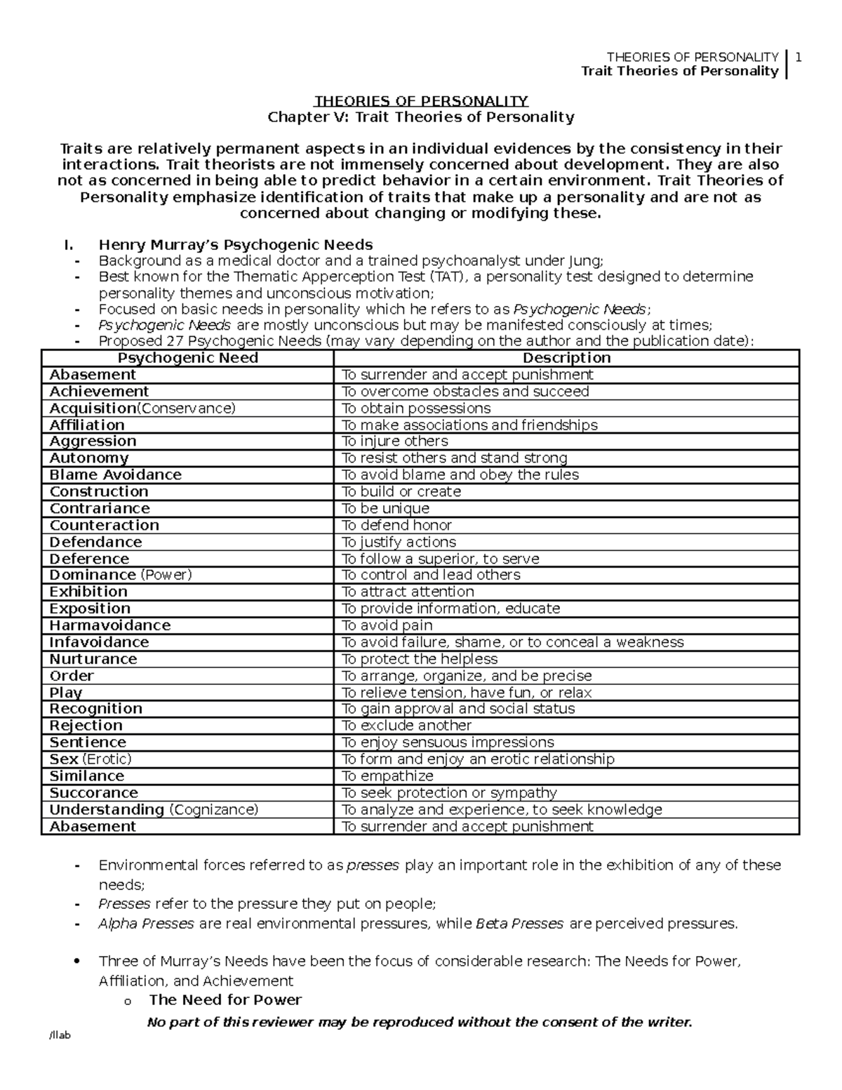 Reviewer Chapter 5 Theories OF Personality - Trait Theories of ...