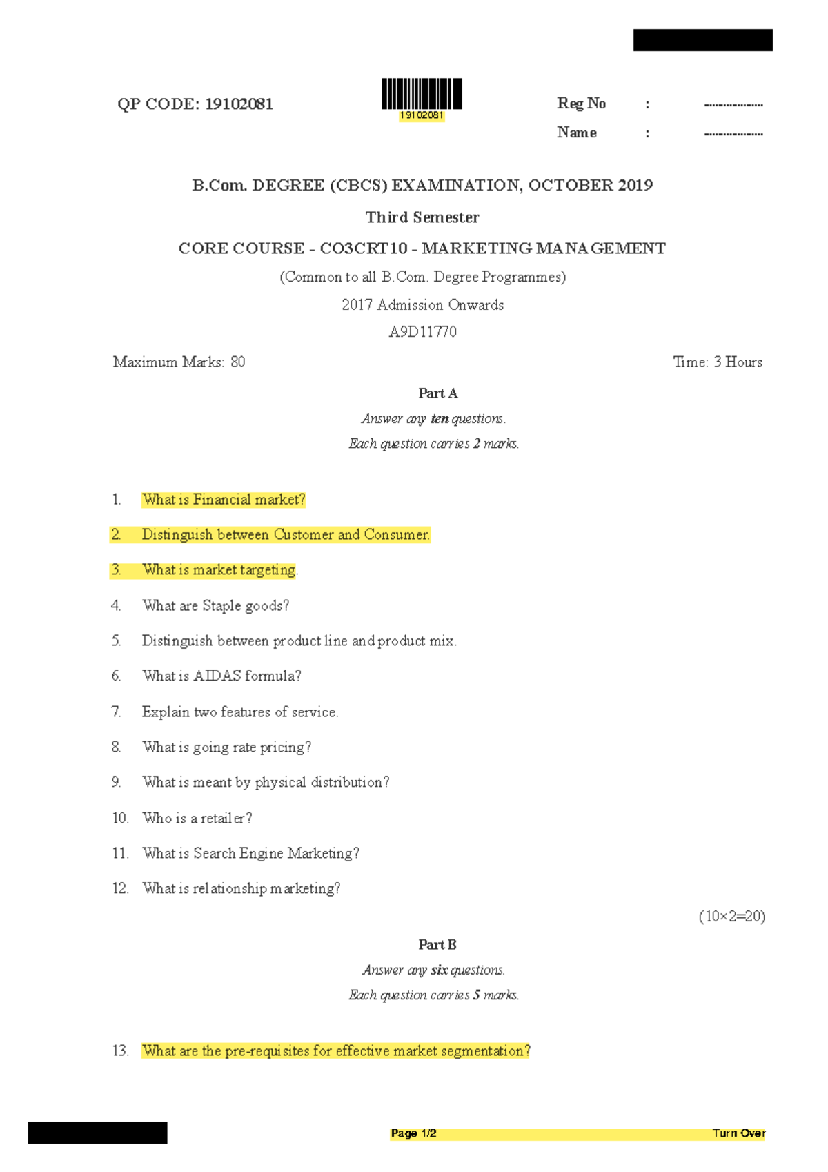 2019 - its previous year qp. - QP CODE: 19102081 Reg No : ..................... Name : - Studocu