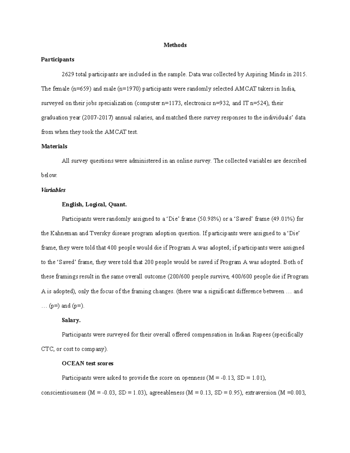 Data Day 4 Write Up - data day 4 - Methods Participants 2629 total ...
