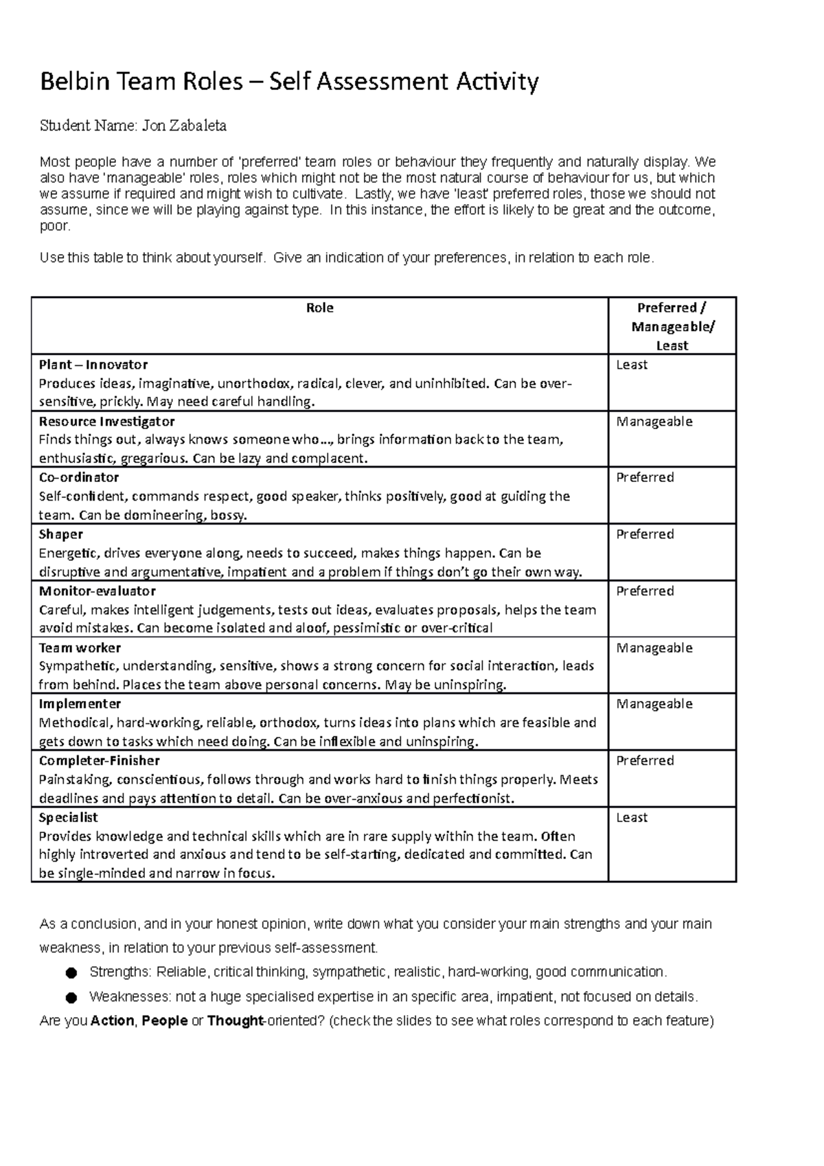 T0 - Belbin Roles Self Assessment template - Belbin Team Roles – Self ...