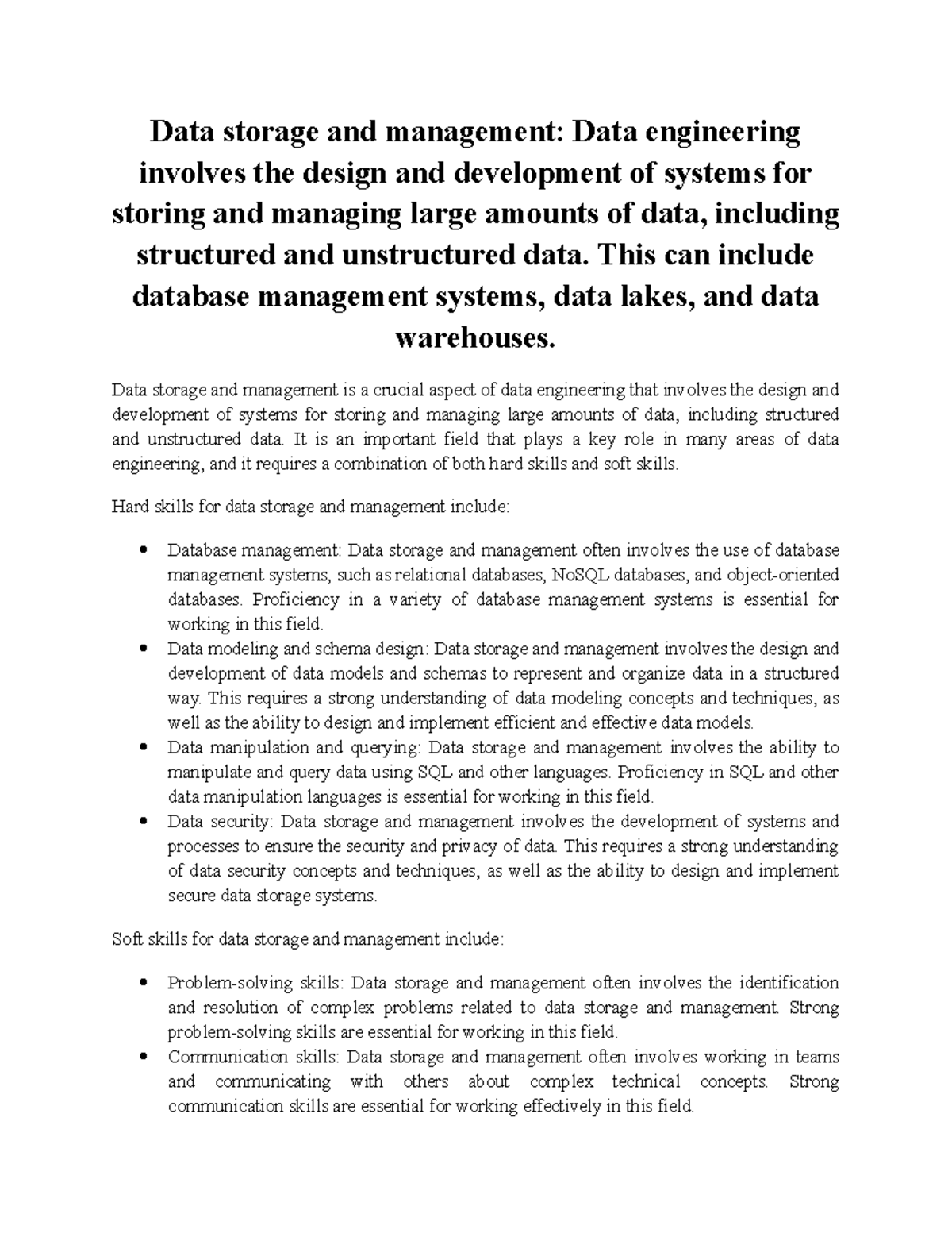 Data storage and management - This can include database management ...