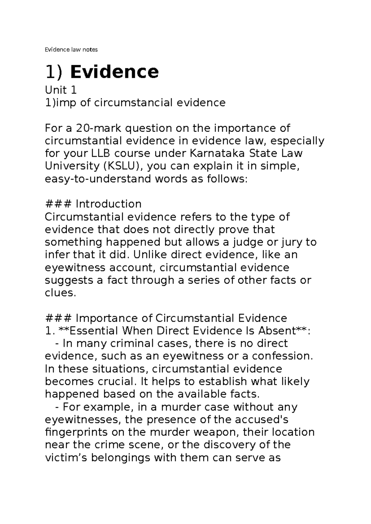Evidence law - imp - Evidence law notes 1) Evidence Unit 1 1)imp of ...