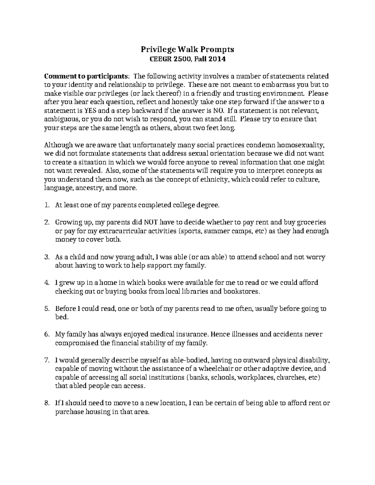 SU-FG-2 - notes - Privilege Walk Prompts CEEGR 2500, Fall 2014 Comment ...
