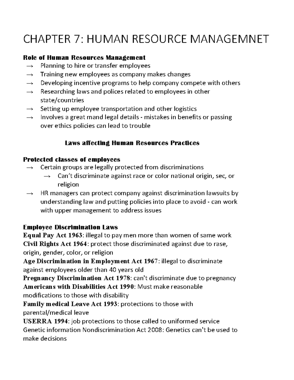 Chapter 7 - ch.7 lecture notes - Role of Human Resources Management → ...