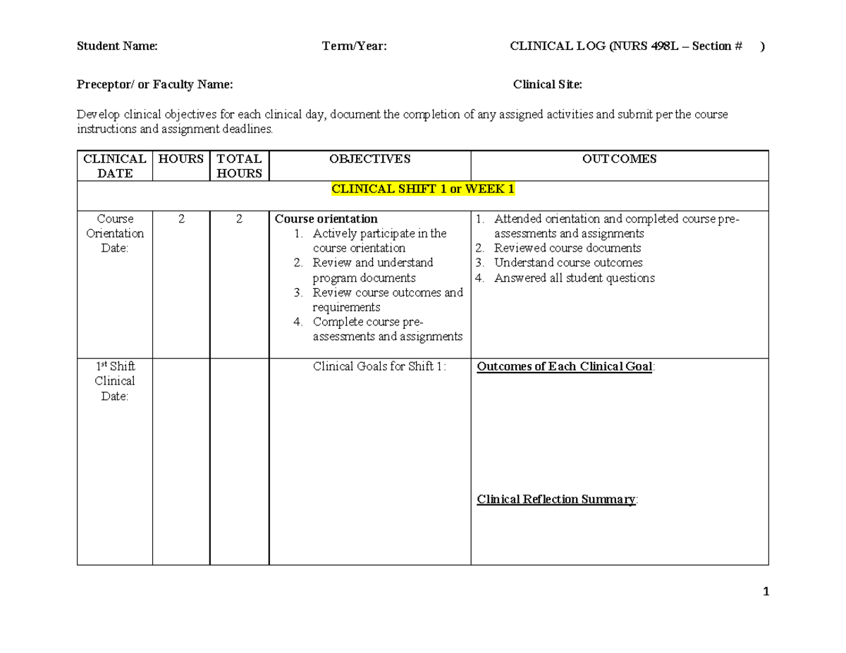 Clinical LOG Template-N498L - FALL 2 2023 - Preceptor/ or Faculty Name ...