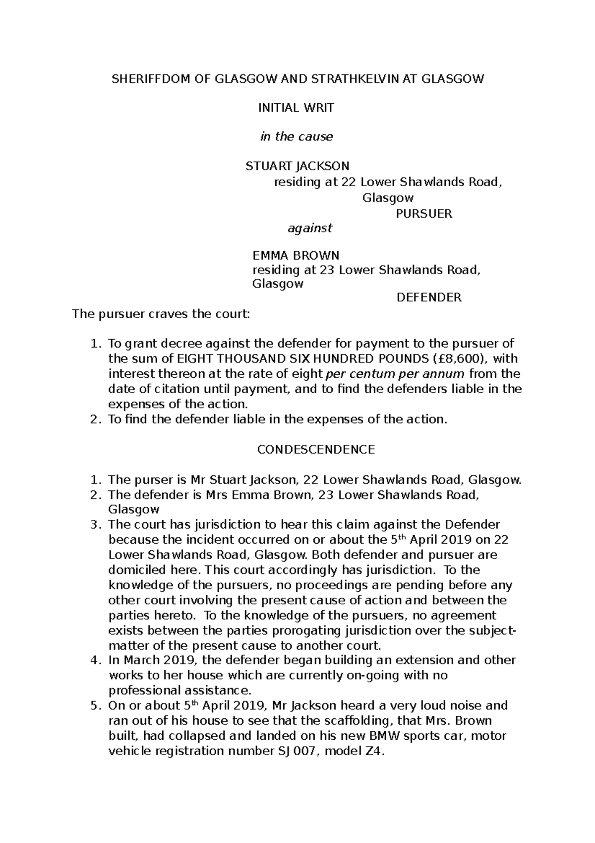 Sherrif Court Civil Procedure Assessment 2- Initial Writ - SHERIFFDOM ...