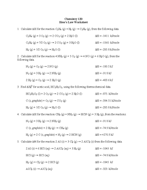 Hess's Law - worksheets for general chemistry class. - Name