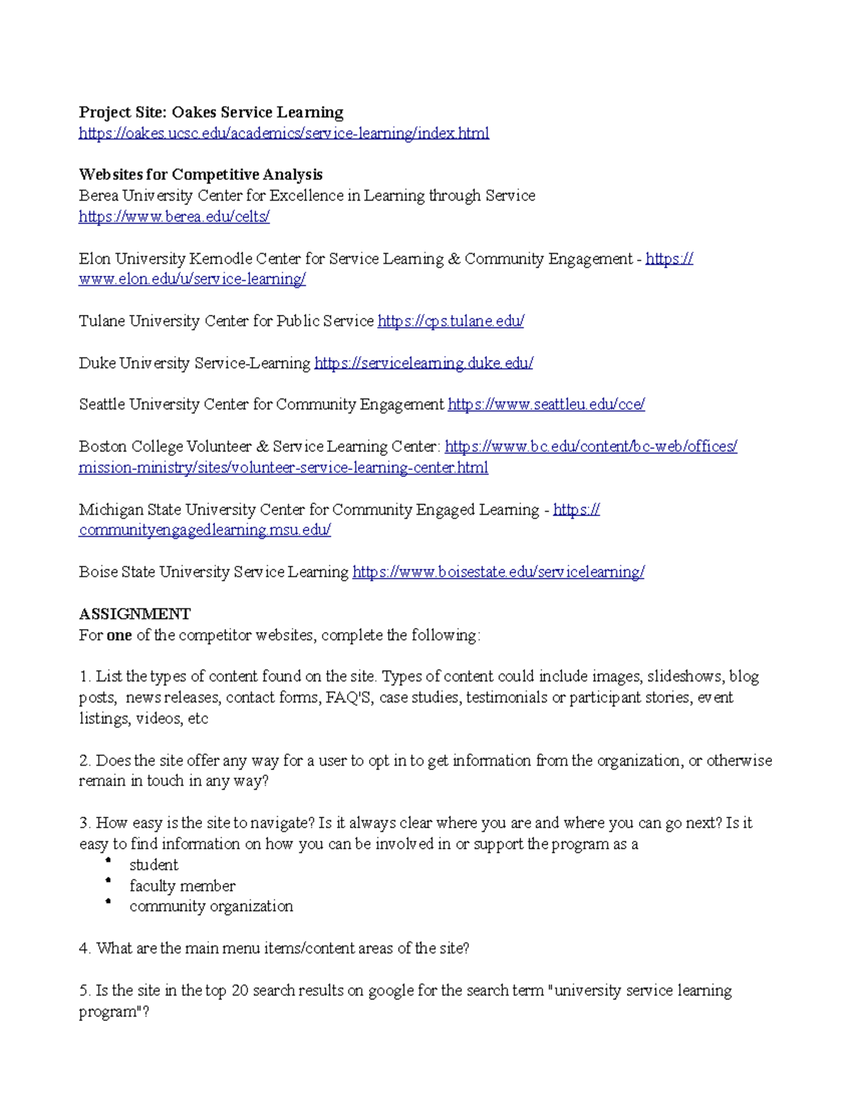 Competitive Analysis Worksheet - Project Site: Oakes Service Learning - Studocu