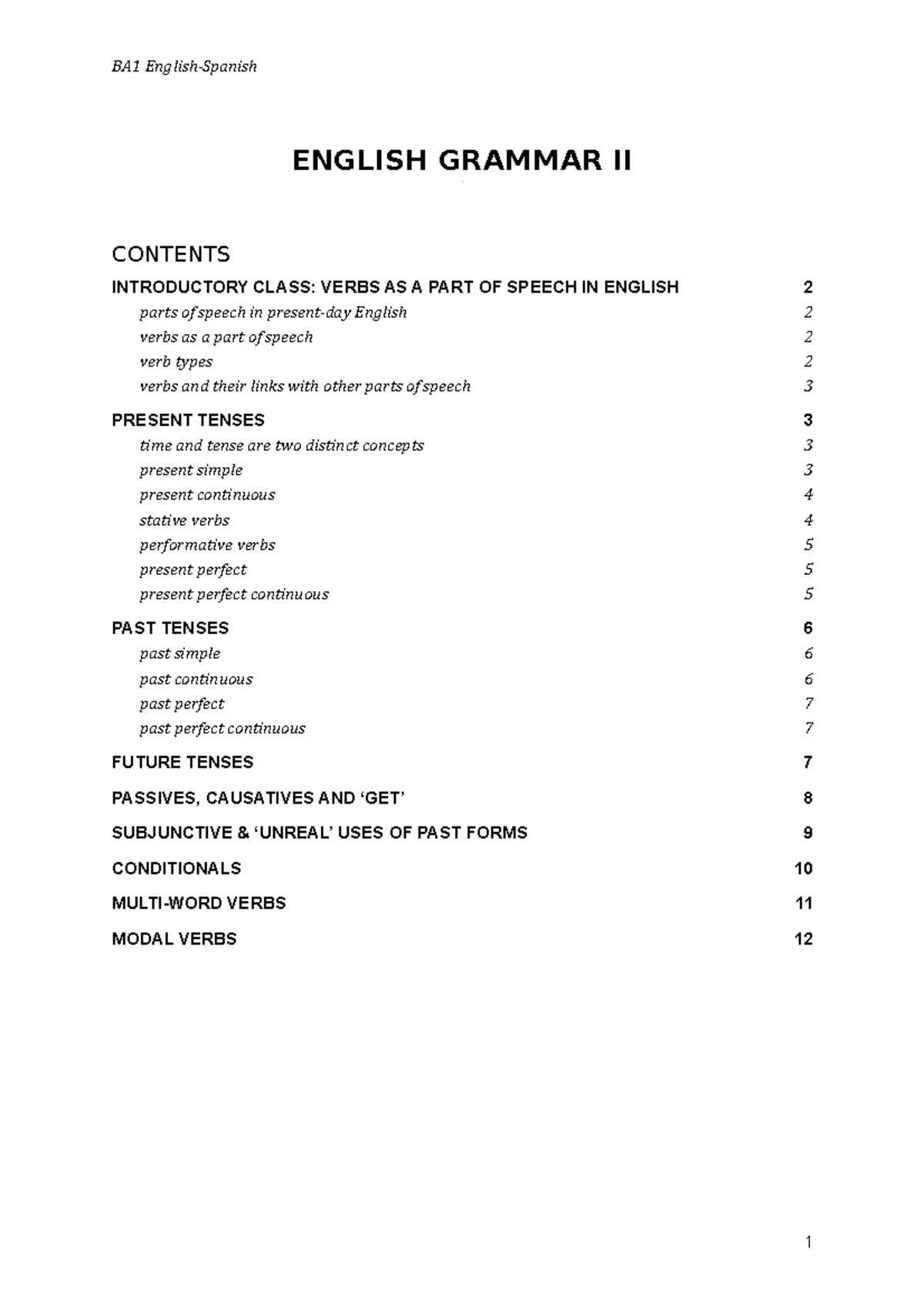 English Grammar 2 Summary - BA1 ENGLISH GRAMMAR II CONTENTS ...